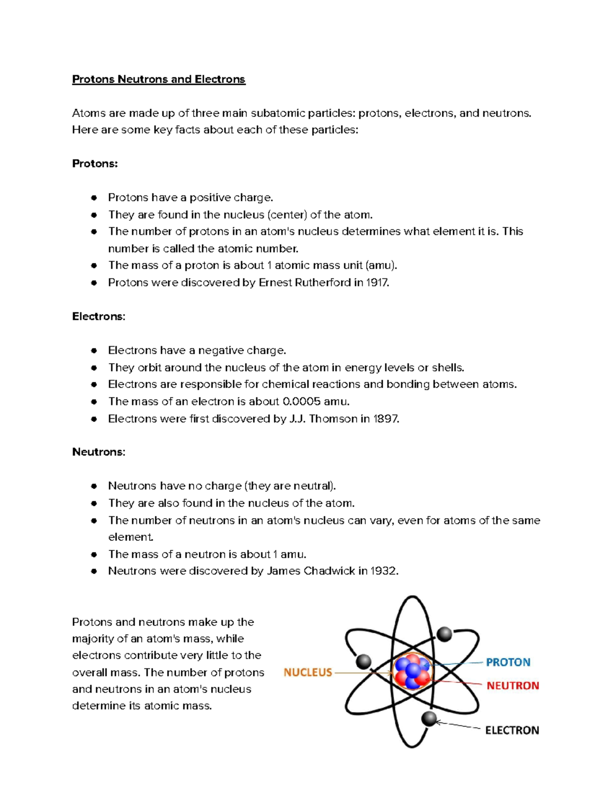 Protons Neutrons and Electrons - Here are some key facts about each of ...