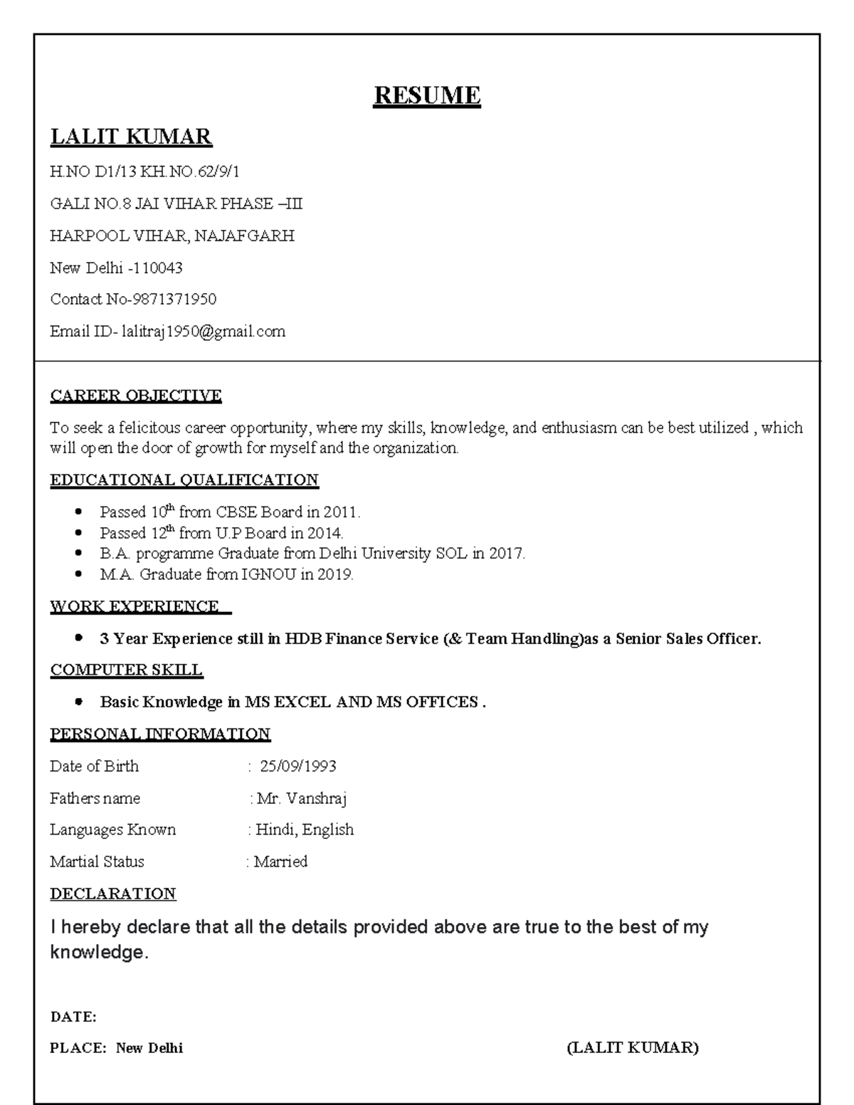Resume Template for Students - RESUME LALIT KUMAR H D1/13 KH.NO/9/ GALI ...