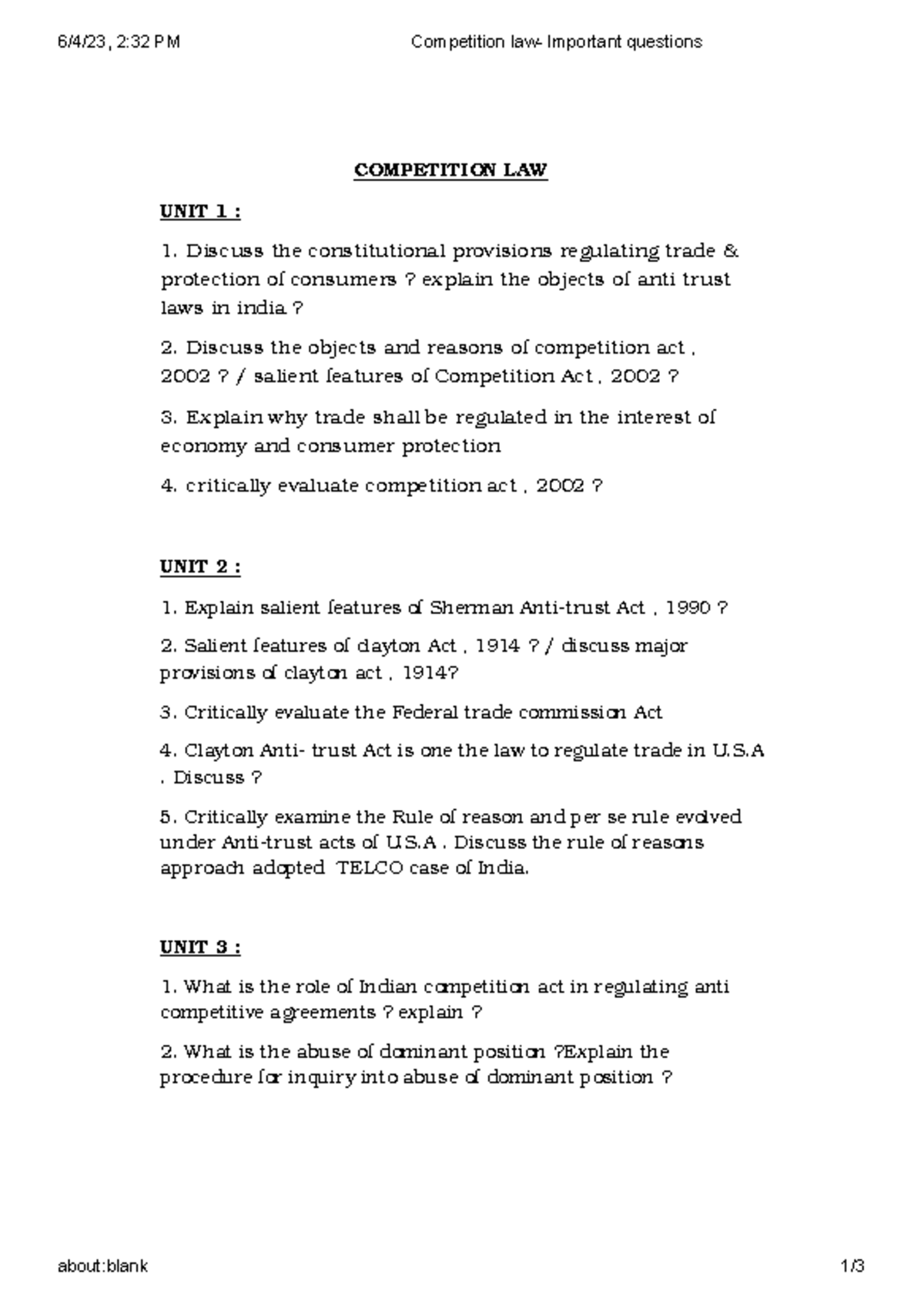 Competition law- Important questions - 6/4/23, 2:32 PM Competition law- Important questions ...