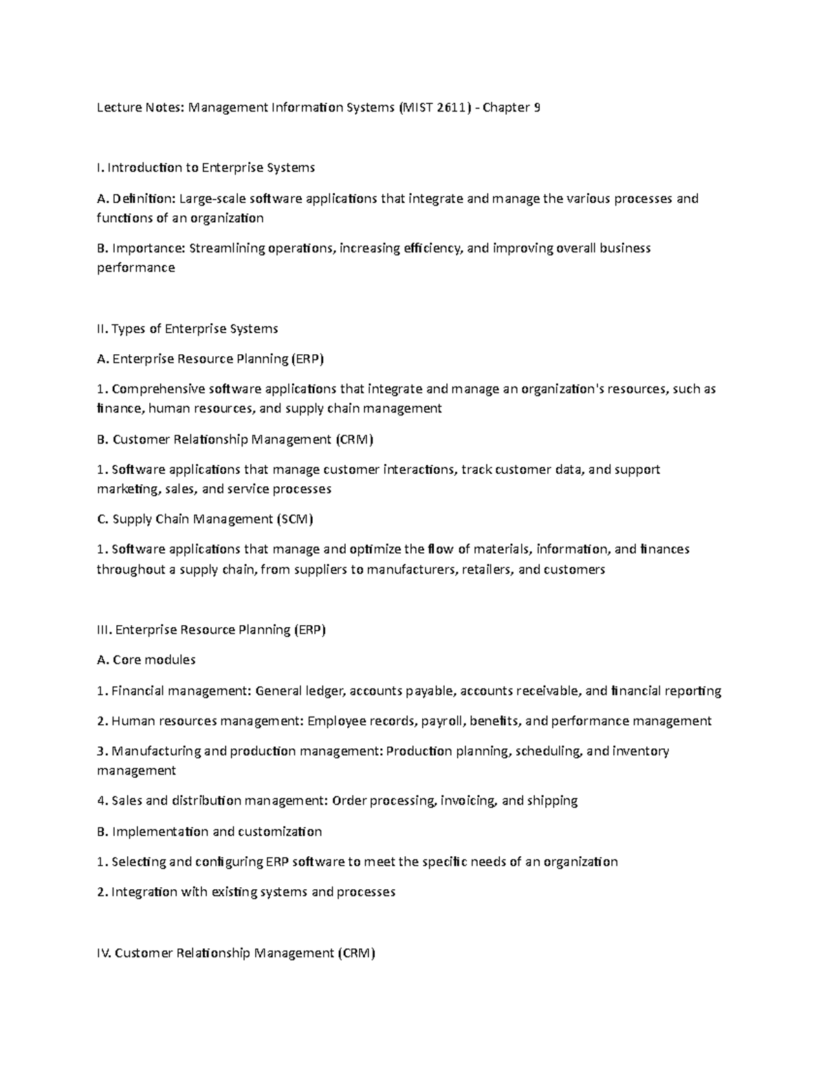 Mist chapter 9 - Lecture Notes: Management Information Systems (MIST ...