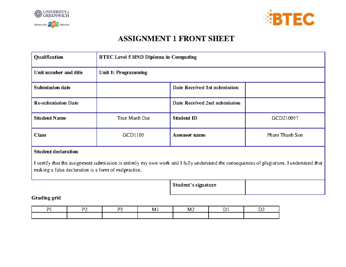 A1 - Merit - database - ASSIGNMENT 1 FRONT SHEET Qualification BTEC Level 5 HND Diploma in ...