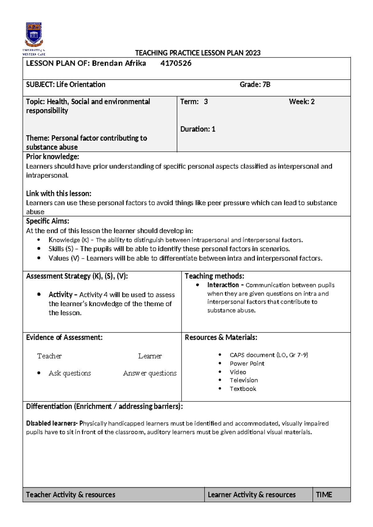 LO Lesson 1 - TEACHING PRACTICE LESSON PLAN 202 3 LESSON PLAN OF ...