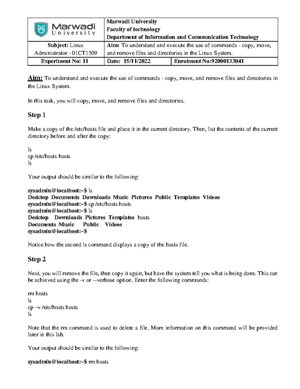 Experiment No 11 Understand And Execute The Use Of Commands Copy Move And Remove Files And