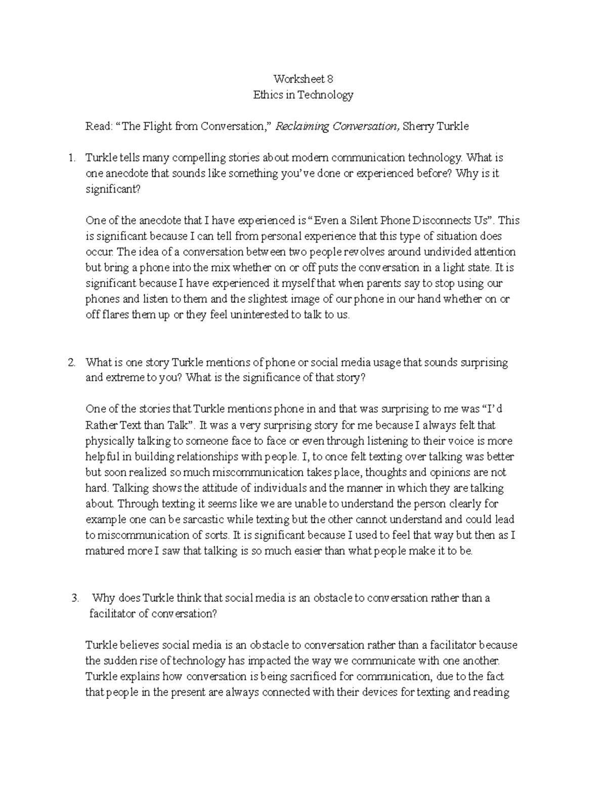 ET - Worksheet 8 - Worksheet 8 Ethics in Technology Read: “The Flight ...