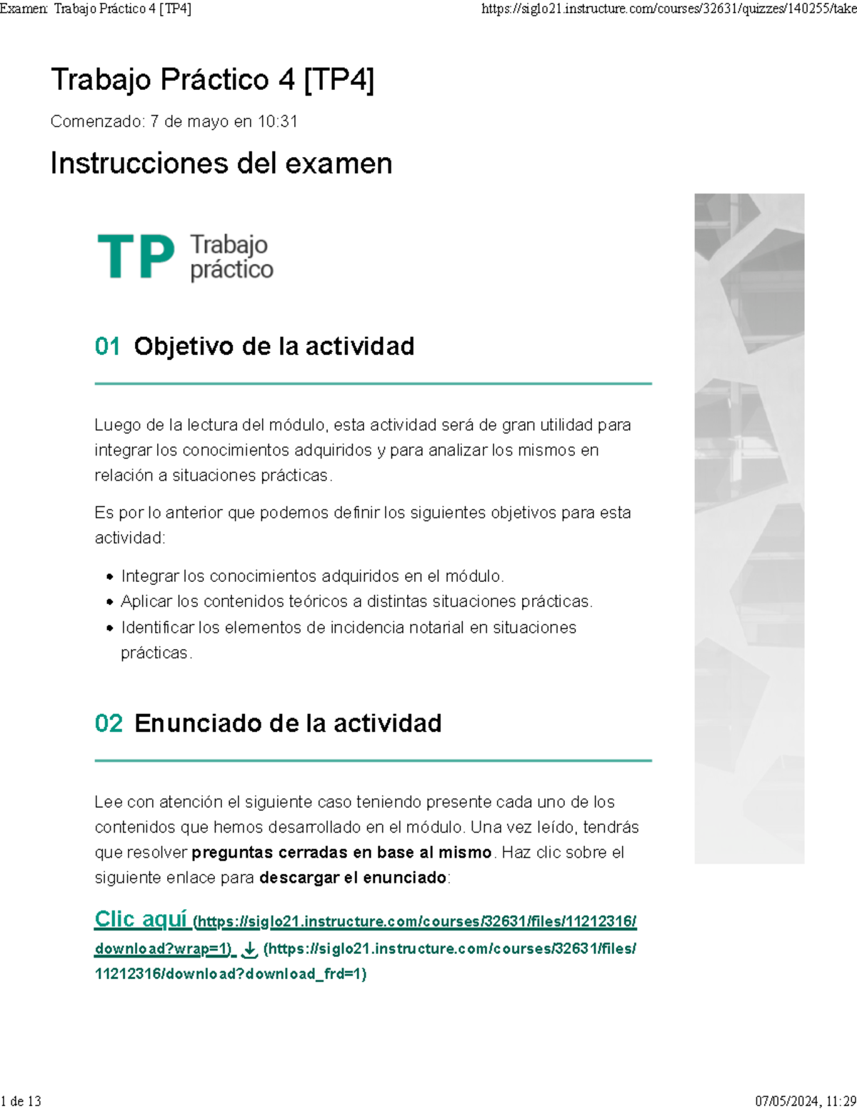 Examen Trabajo Práctico 4 [TP4]1 - Trabajo Práctico 4 [TP4] Comenzado: 7 de mayo en 10: - Studocu