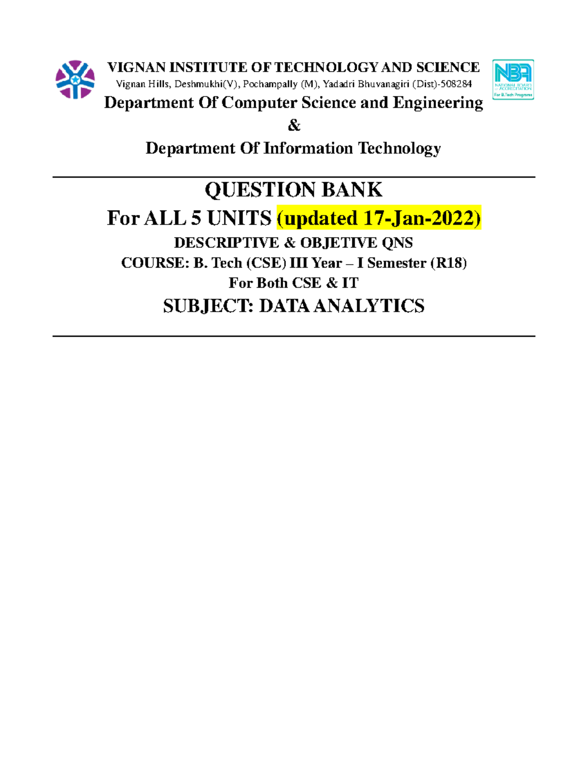 DA Qn Bank Full 17Jan22 No Key - VIGNAN INSTITUTE OF TECHNOLOGY AND ...