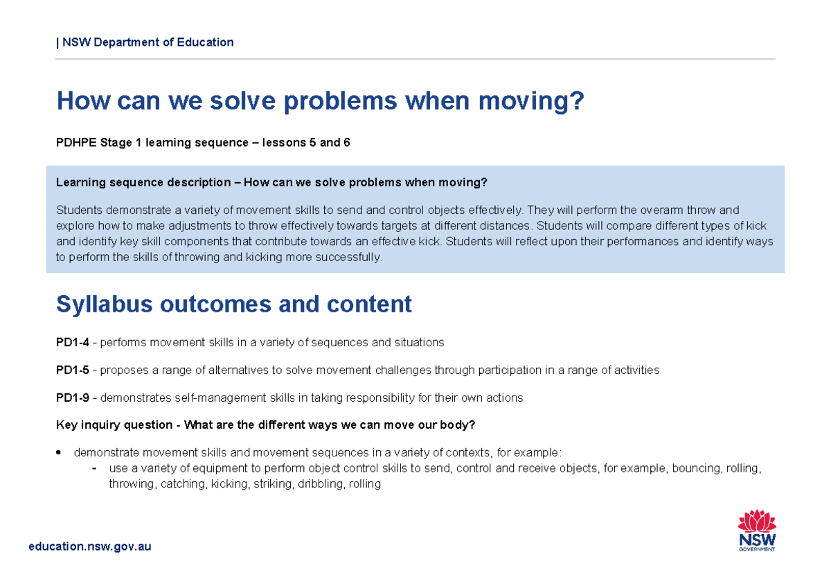 Pdhpe s1 movement learning sequence lesson 5 6 - | NSW Department of ...