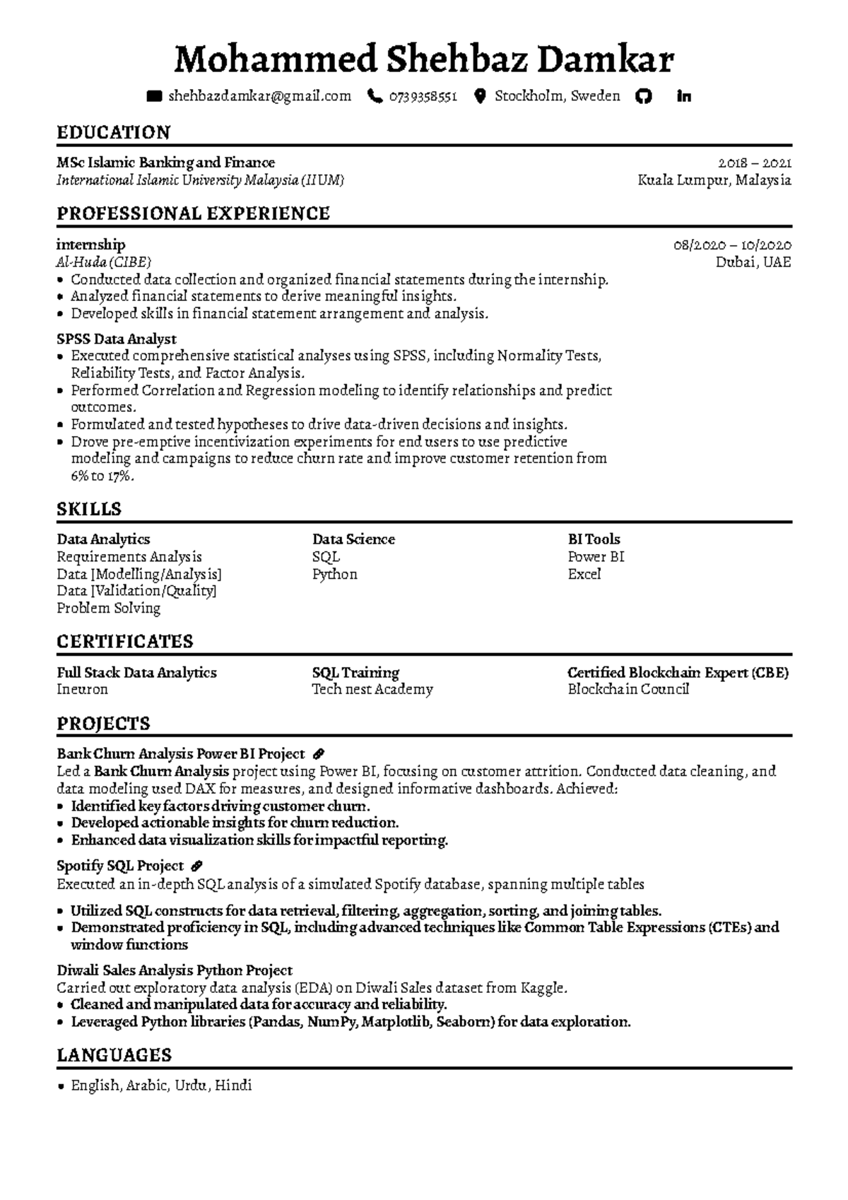 Mohammed Shehbaz Damkar Resume - EDUCATION MSc Islamic Banking and ...