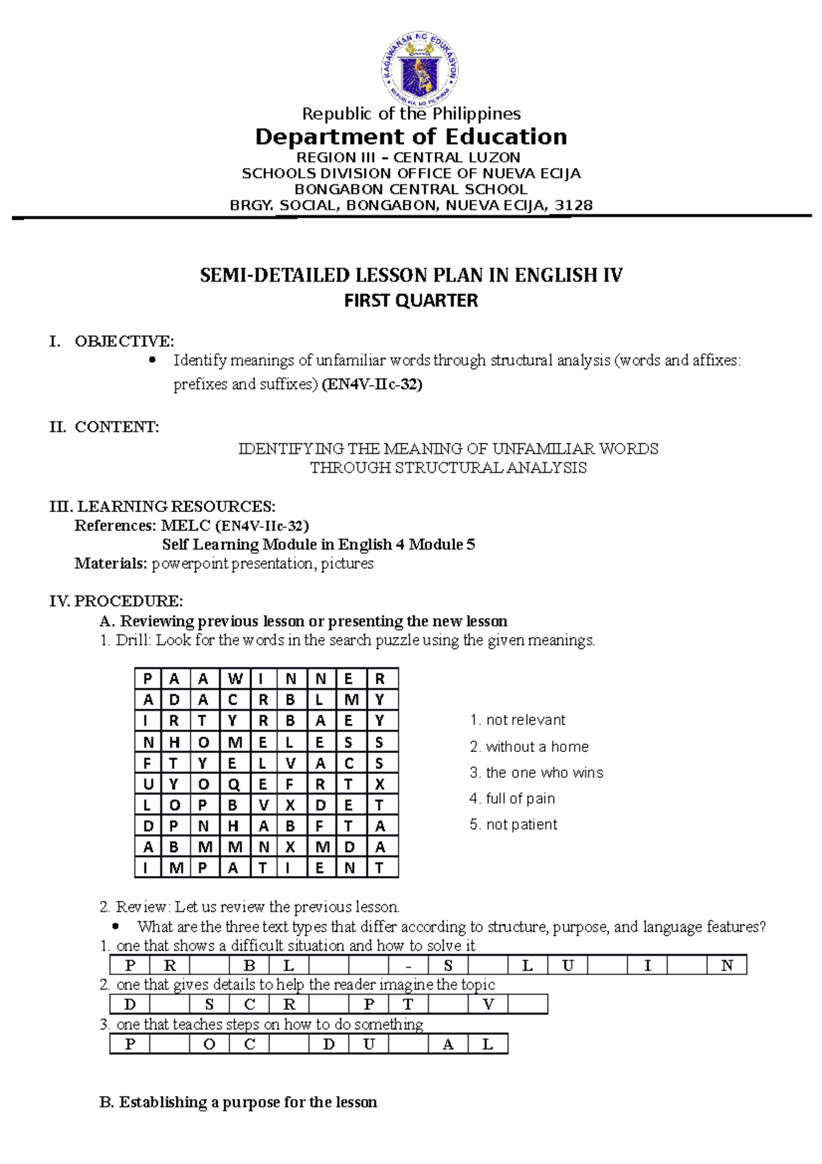 SEMI Detailed Lesson PLAN IN English 4 (1ST) - Republic of the ...
