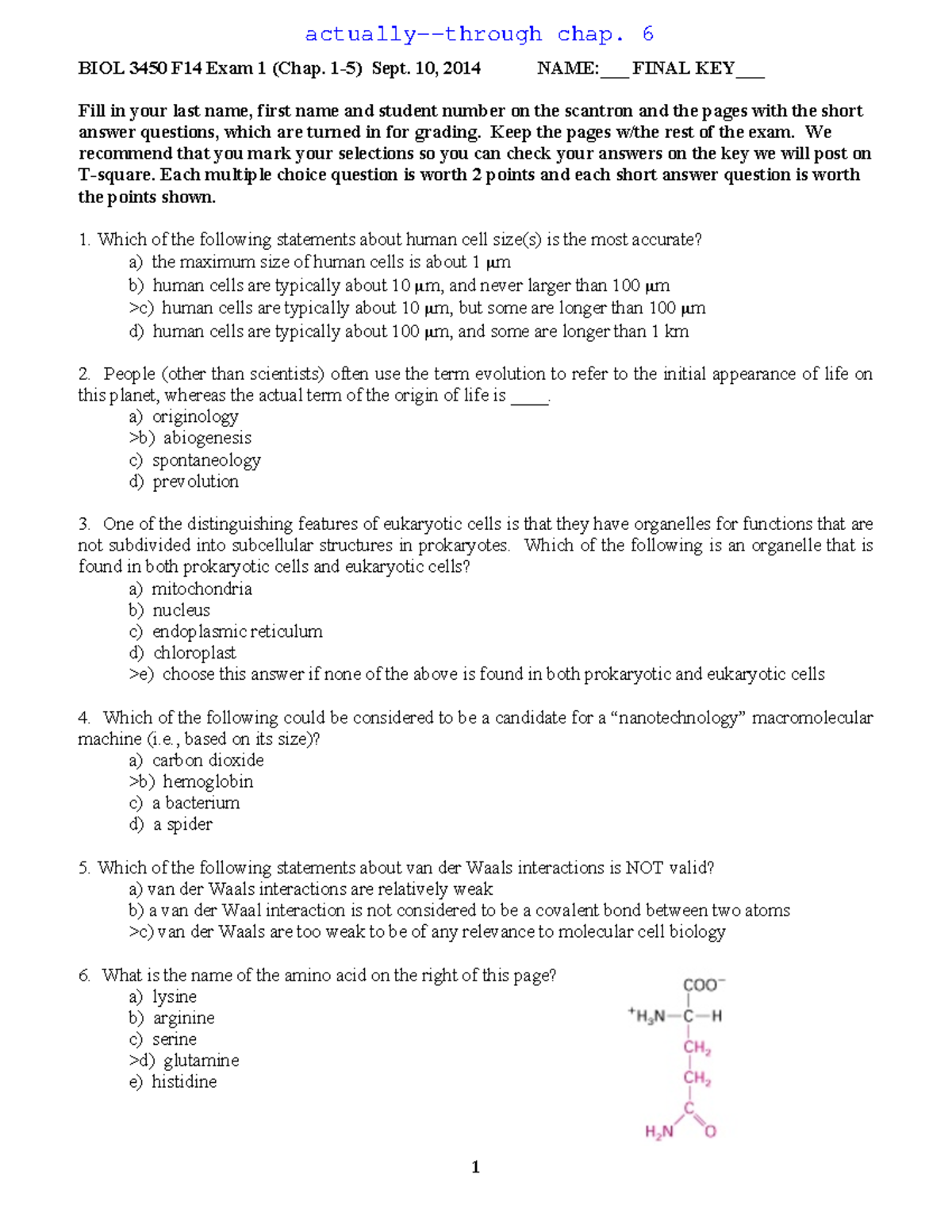 Exam 2014, questions and answers - spring and fall exams - BIOL 3450 F1 4 Exam 1 (Chap. 1- 5 ...