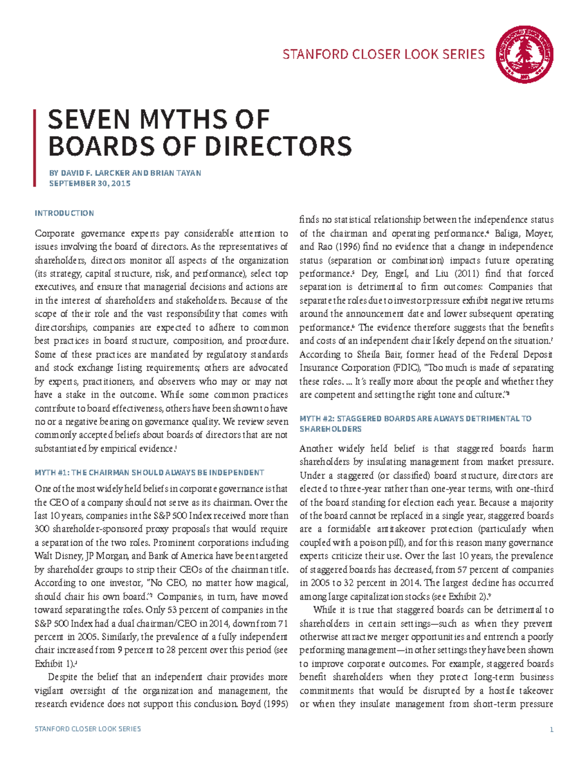 Seven Myths of BOD - BOD - STANFORD CLOSER LOOK SERIES BY DAVID F. LARCKER AND BRIAN TAYAN ...