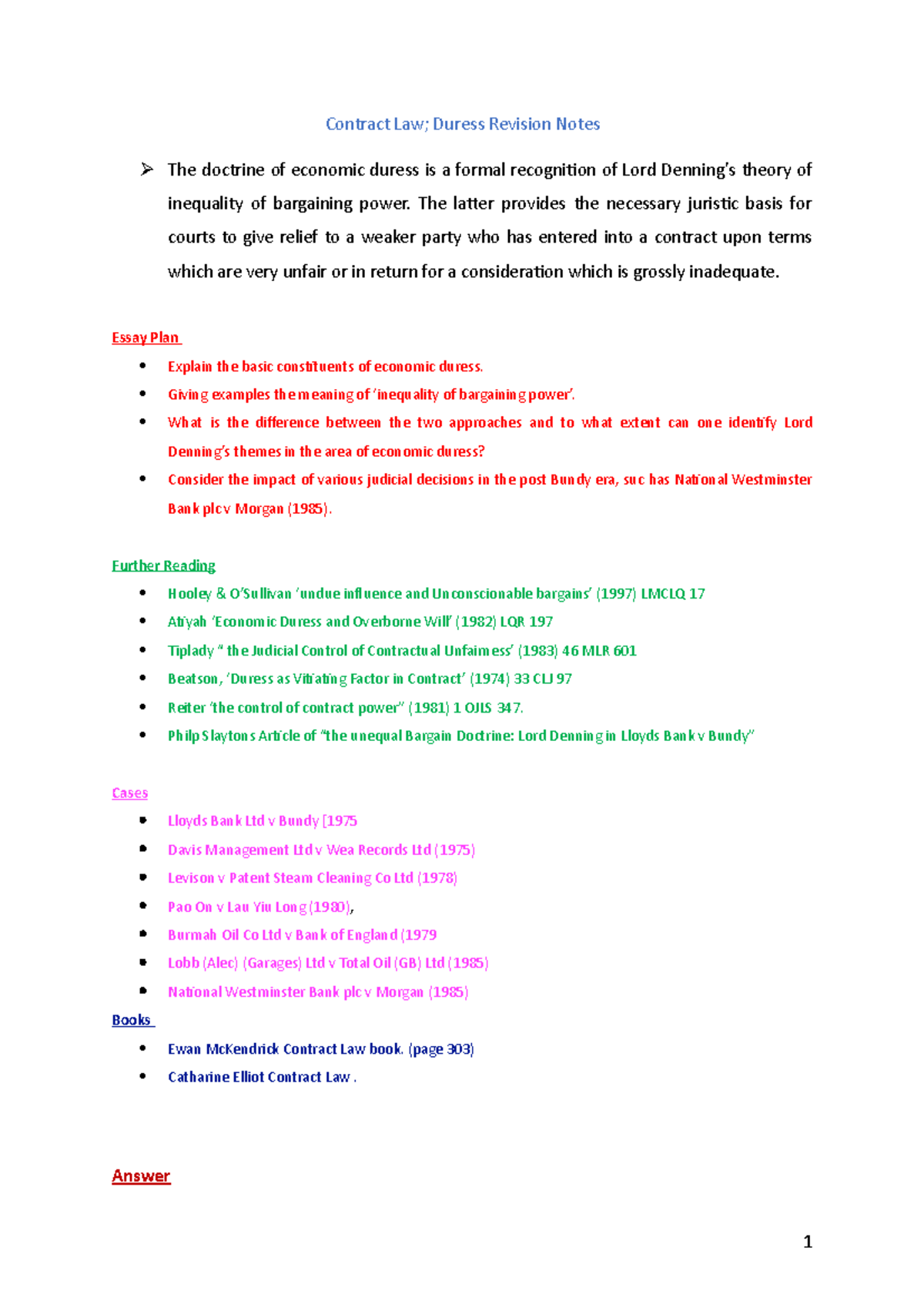 Contract Law- duress notes - Contract Law; Duress Revision Notes The ...