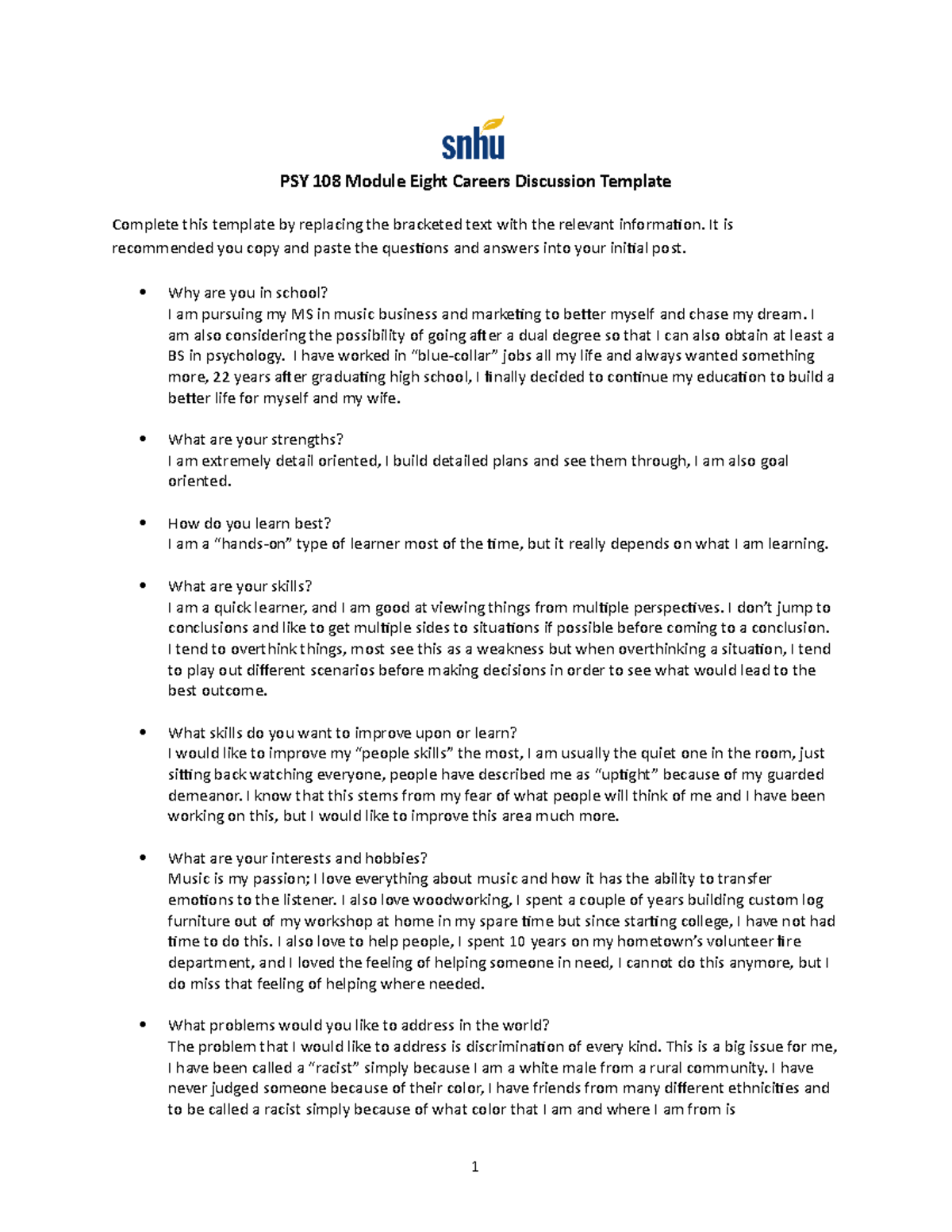 PSY 108 Module Eight Careers Discussion Template - PSY 108 Module Eight ...