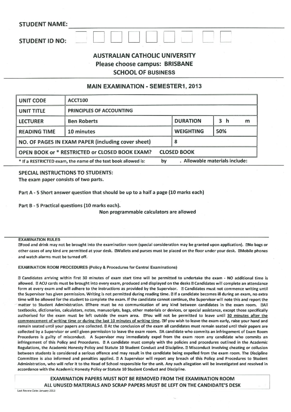 Main Examination Semester 1 - ACCT100 - Studocu