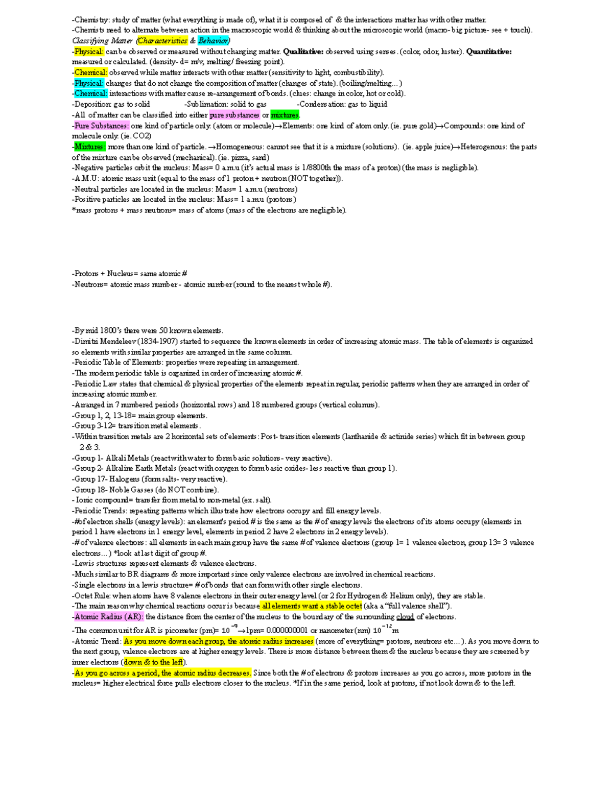 Chem Quiz Study Sheet -Chemistry: study of matter (what everything is ...