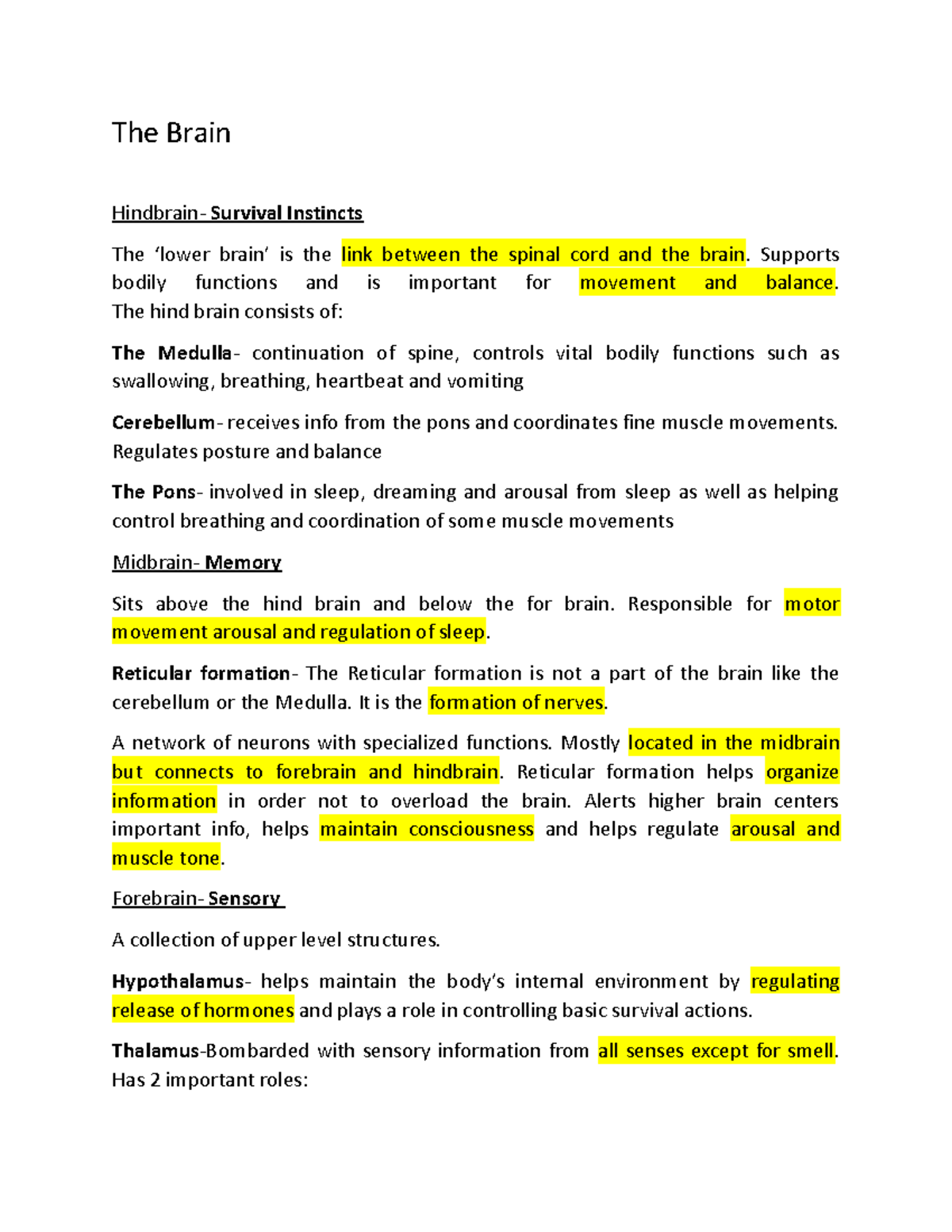 1. The Brain - Notes - The Brain Hindbrain- Survival Instincts The ...