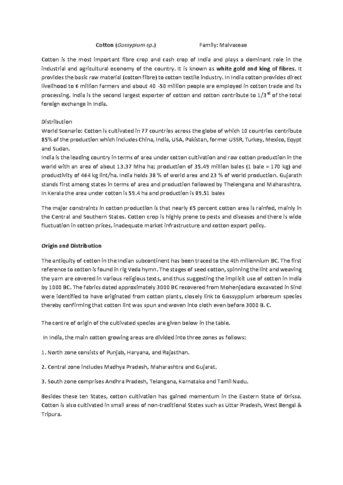 Cotton notes 2020 - Lecture - Cotton (Gossypium sp.) Family: Malvaceae ...