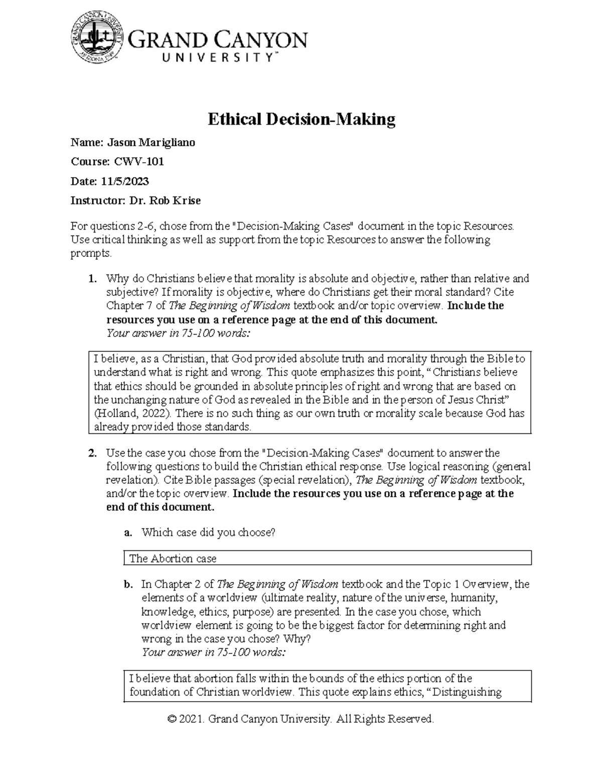 Ethical Decision Making Assignment - Ethical Decision-Making Name ...