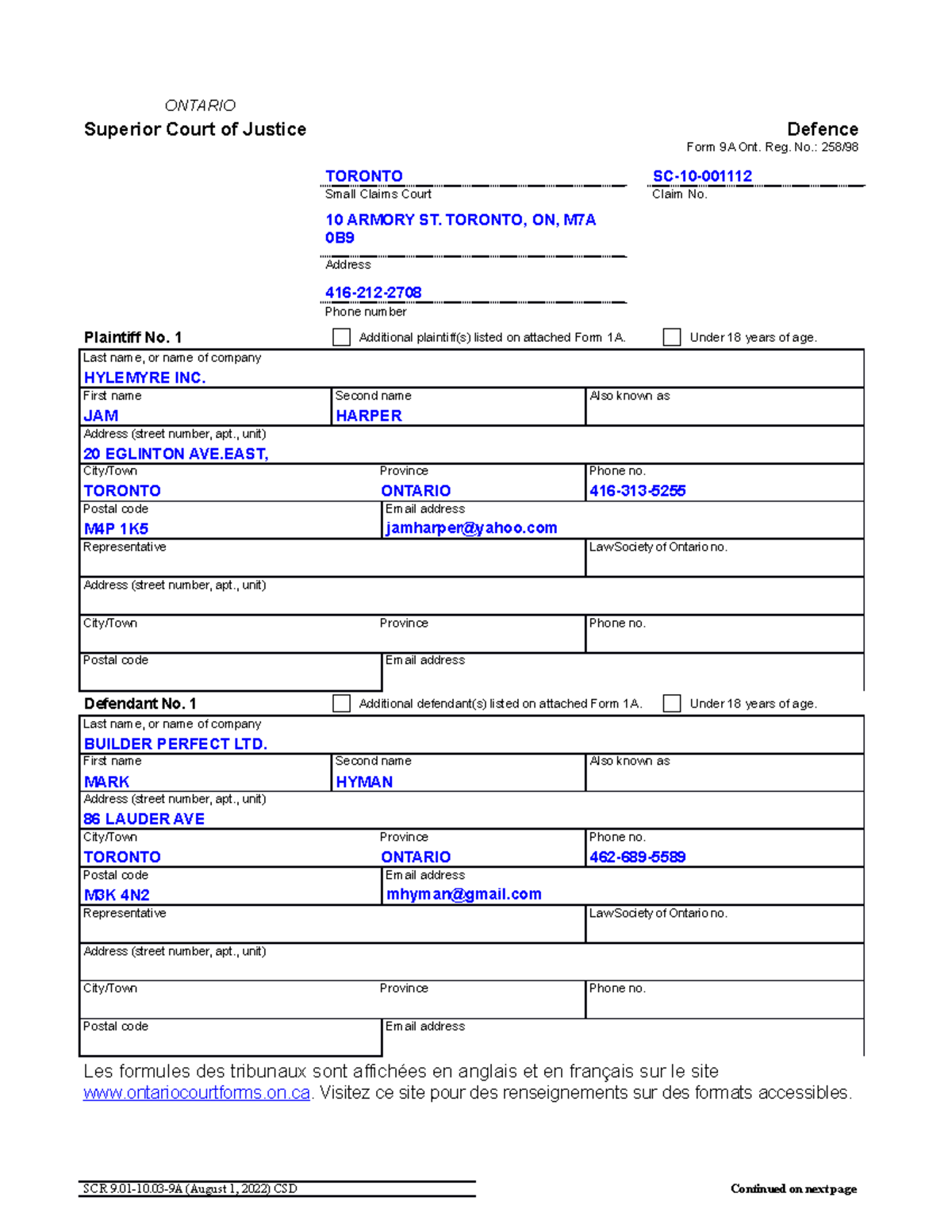 FORM 9A - Statement OF Defence - Final - Gladys - ONTARIO Superior ...