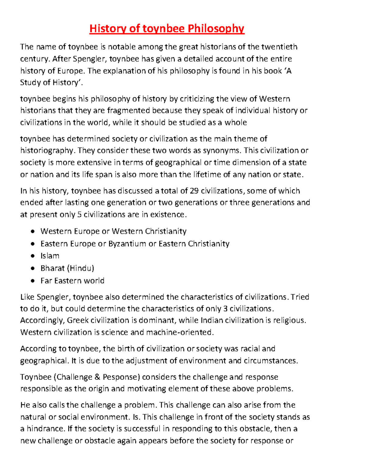 History of toynbee Philosophy - After Spengler, toynbee has given a ...