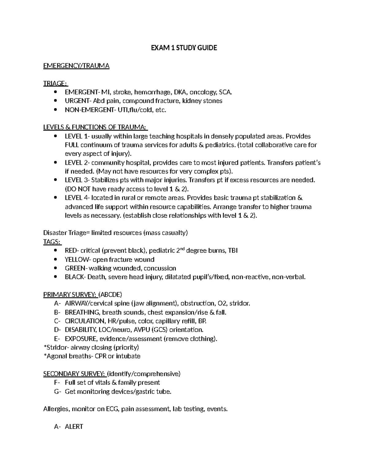 EXAM 1 Study Guide - Notes - EXAM 1 STUDY GUIDE EMERGENCY/TRAUMA TRIAGE ...