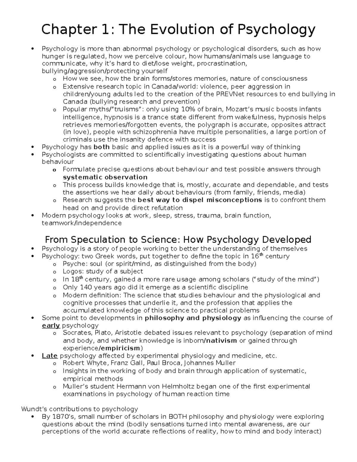 Psychology Notes - Chapter 1: The Evolution of Psychology Psychology is ...