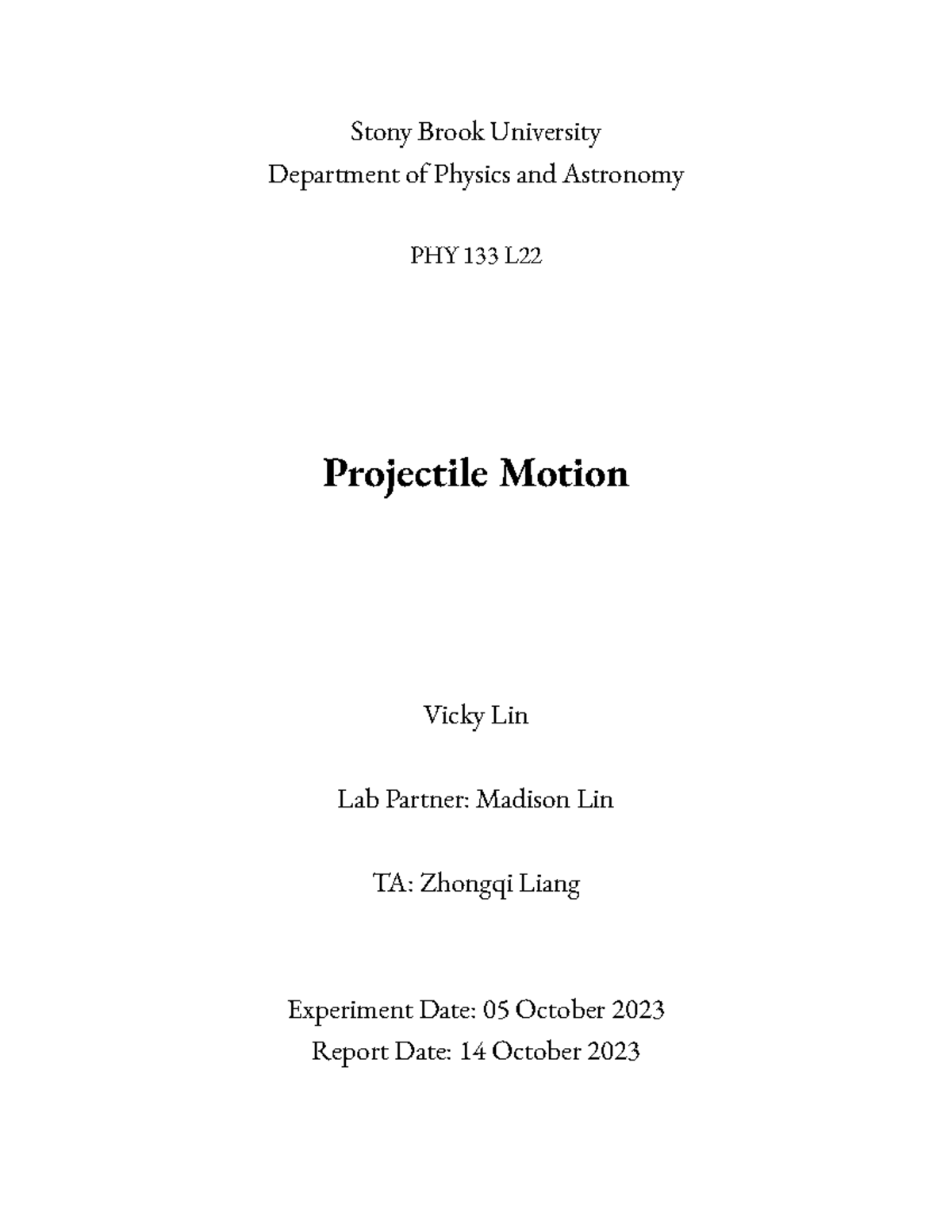 Projectile Motion Lab Report - Stony Brook University Department of ...