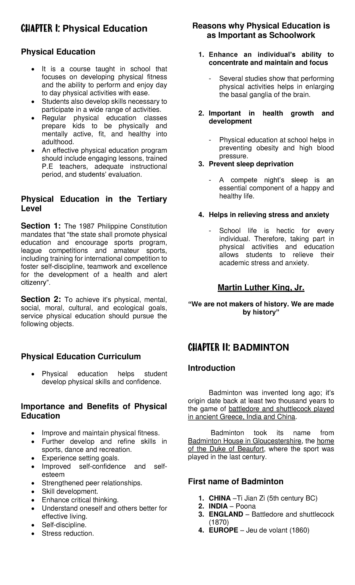 Physical Education 3 Summary Notes First Sem - CHAPTER I: Physical ...