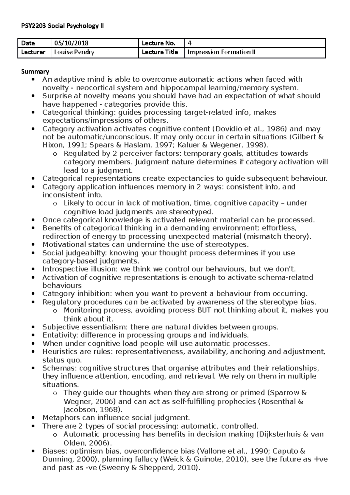 Impression Formation II - PSY2203 Social Psychology II Date 05/10/2018 ...
