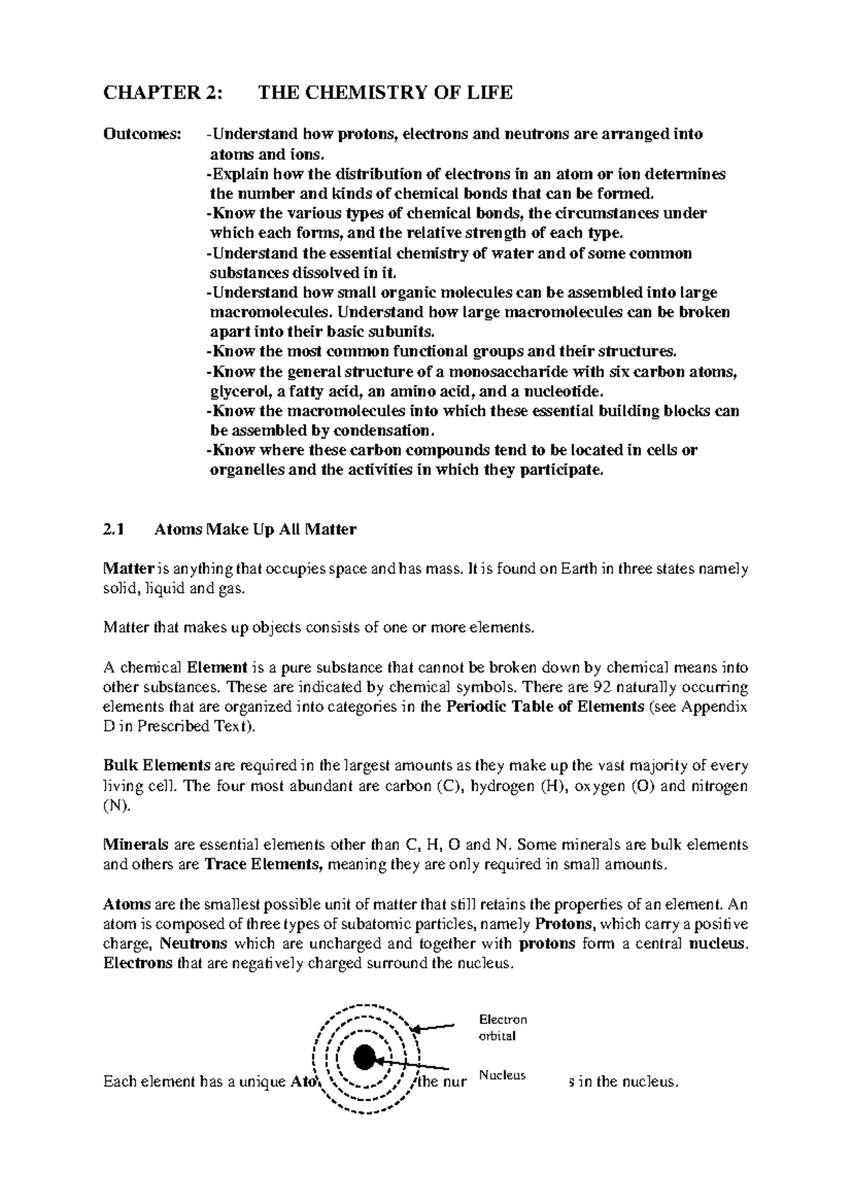 2021Cell Biology Study Guide-Chapter 2 - CHAPTER 2: THE CHEMISTRY OF LIFE Outcomes: - Understand ...