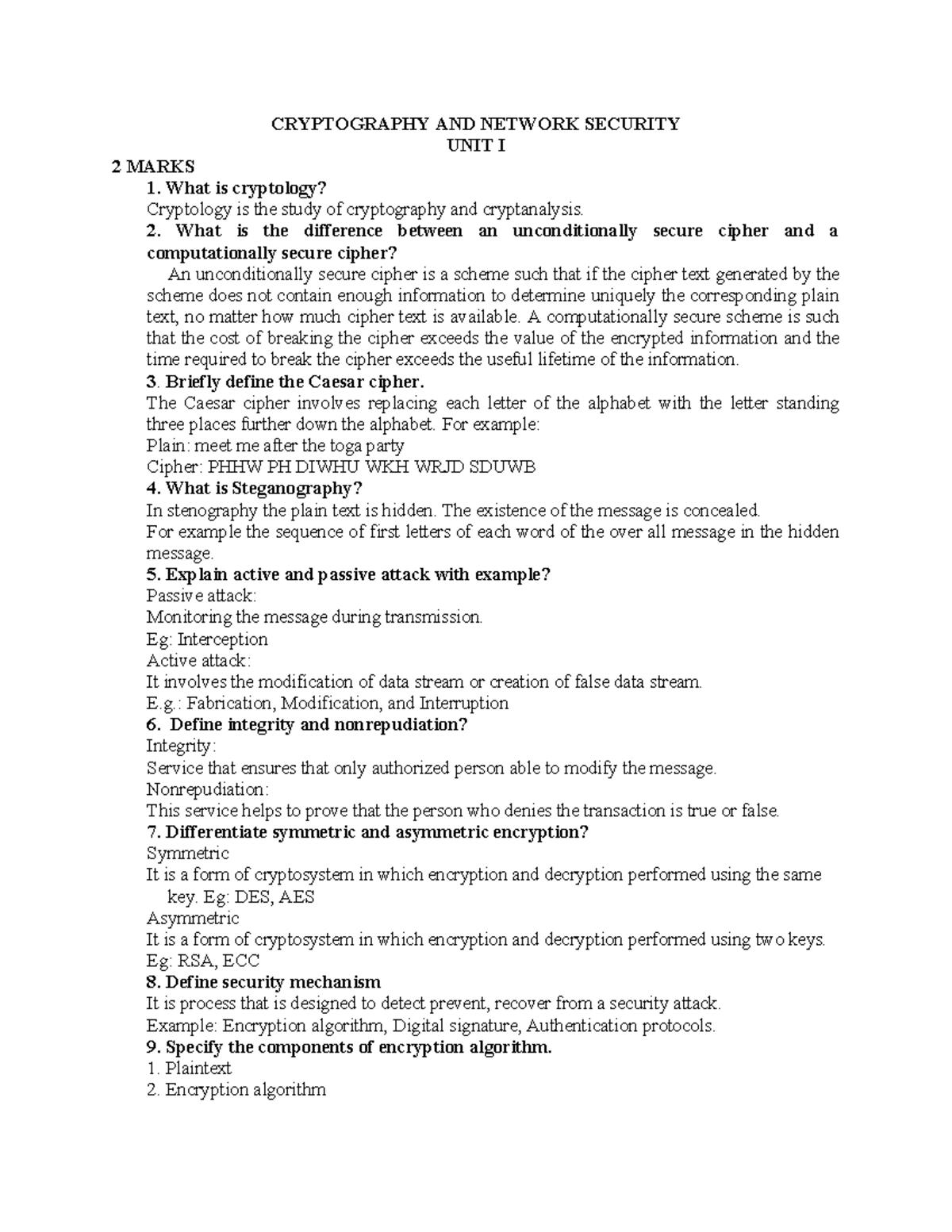 2 Marks CNS with answer - CRYPTOGRAPHY AND NETWORK SECURITY UNIT I 2 MARKS What is cryptology ...