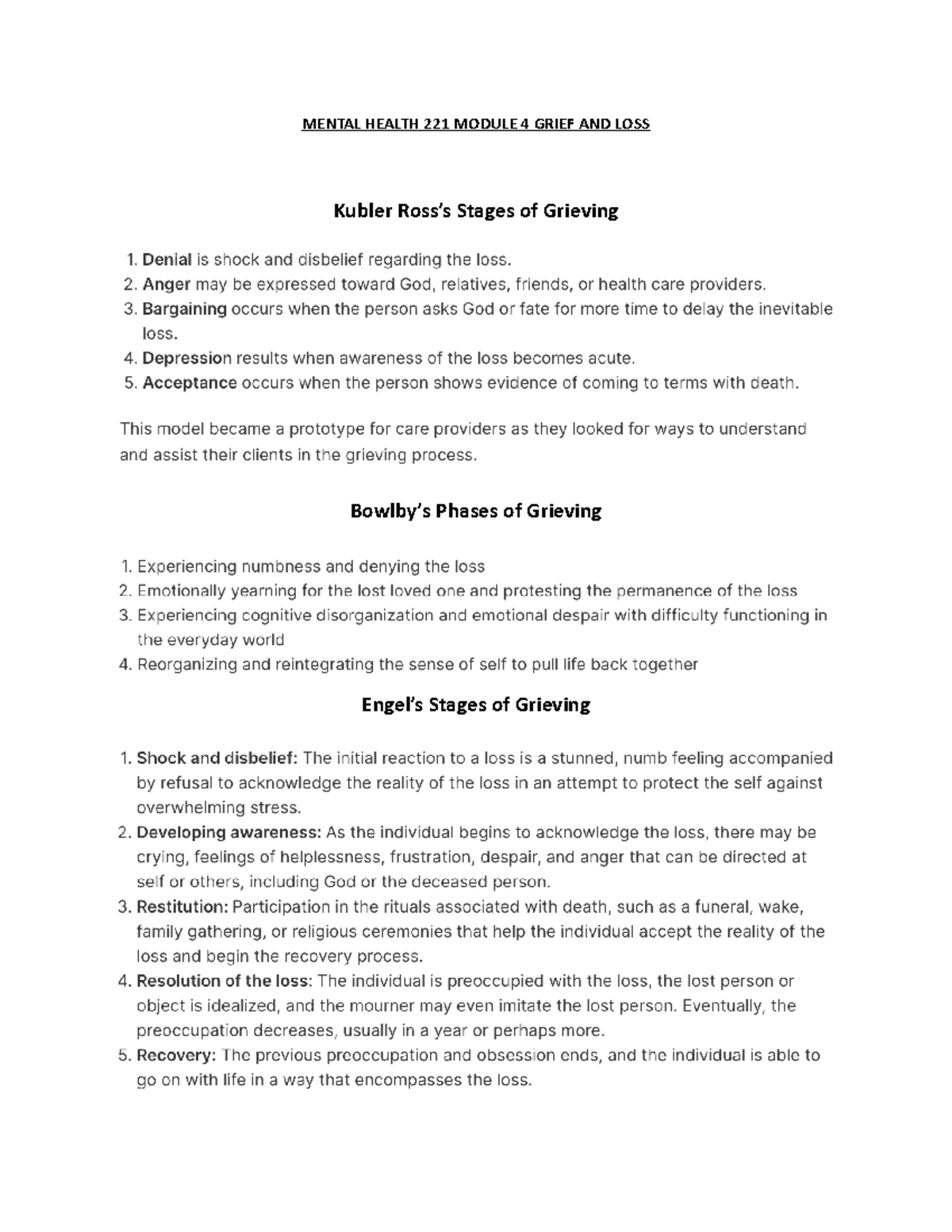 Module 4 Loss and Grief - MENTAL HEALTH 221 MODULE 4 GRIEF AND LOSS ...