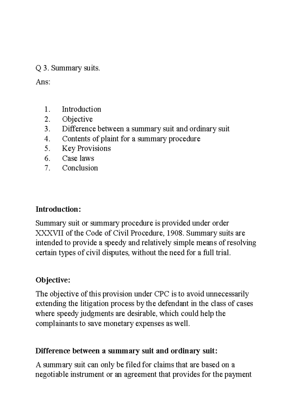 Q 3 - Summary suits. - Q 3. Summary suits. Ans: 1. Introduction 2. Objective 3. Difference ...
