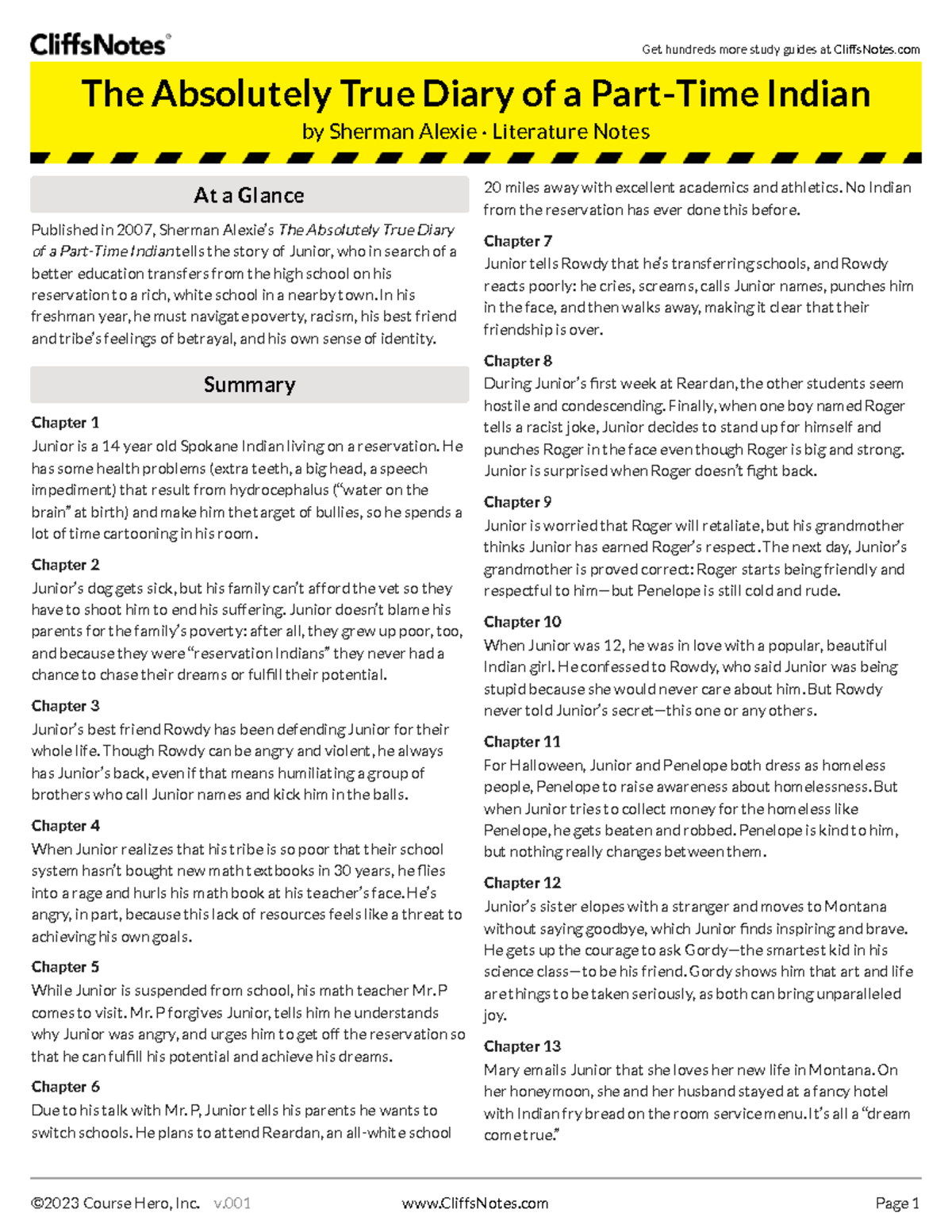 Cliffs Notes on The Absolutely True Diary of a Part-Time Indian - The ...