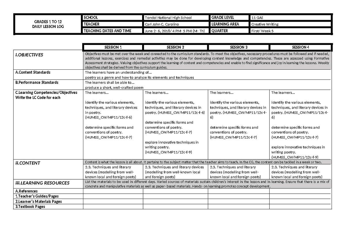 CW July 2-6, 2018 Week 5 - Lesson Plan in Creative Writing - GRADES 1 ...