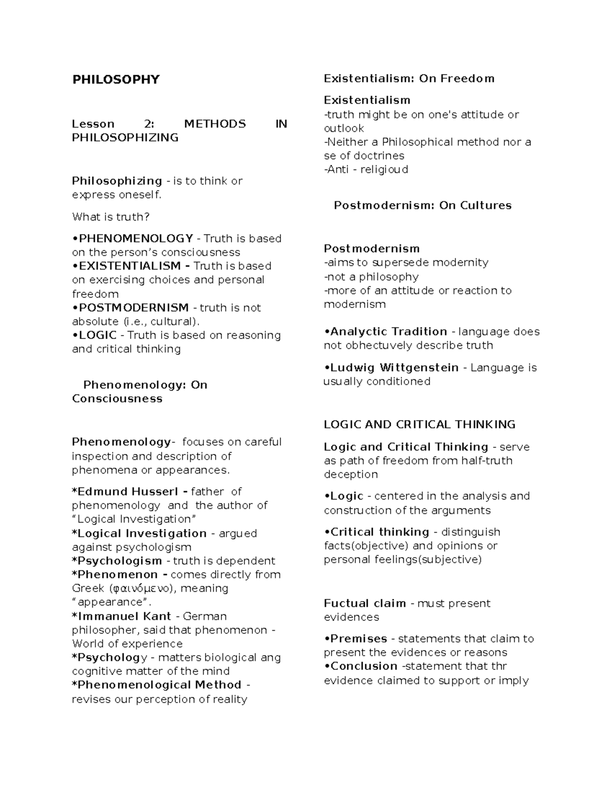 Philosophy Reviewer 2nd Month - PHILOSOPHY Lesson 2: METHODS IN ...