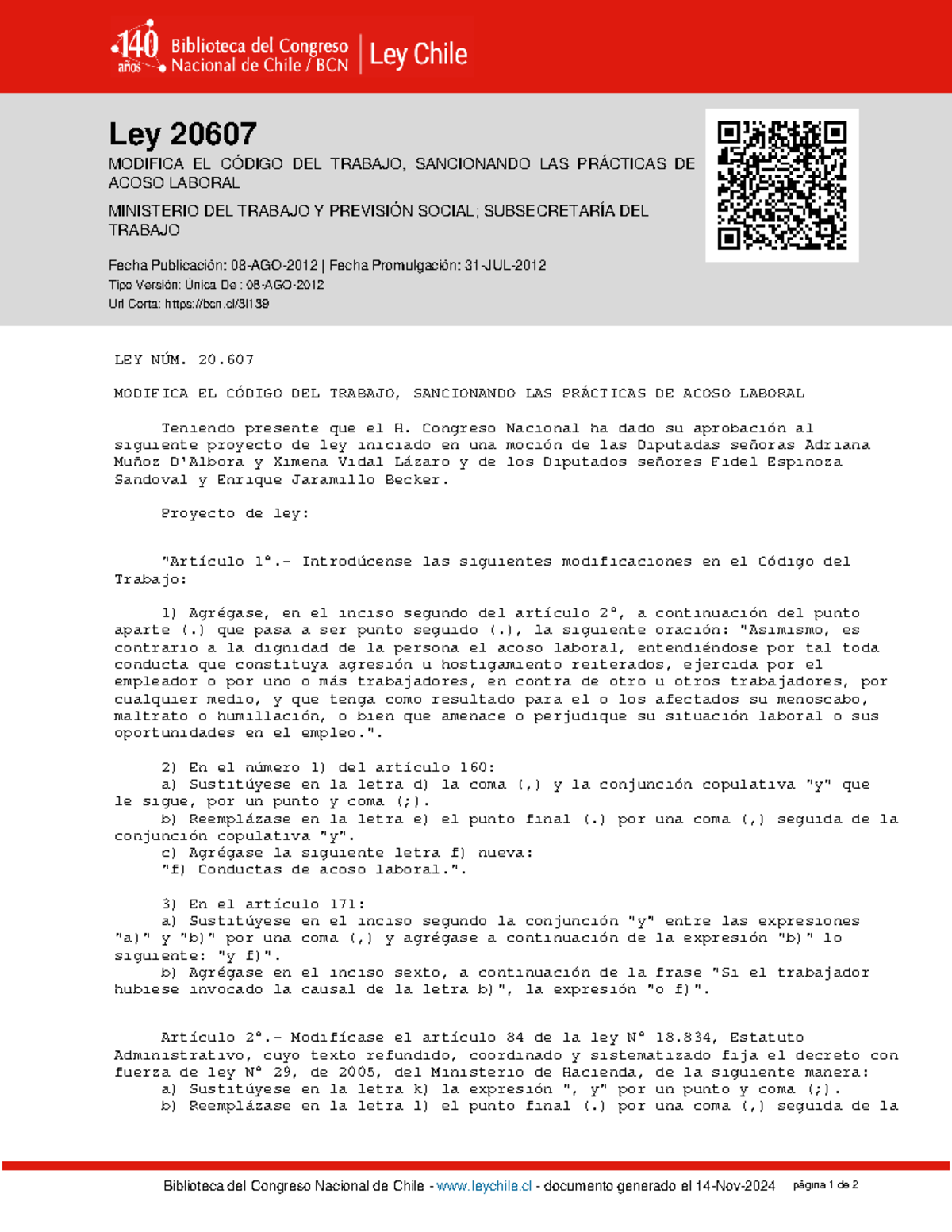 Ley-20607 08-AGO-2012 - Ley 20607 Biblioteca del Congreso Nacional de ...