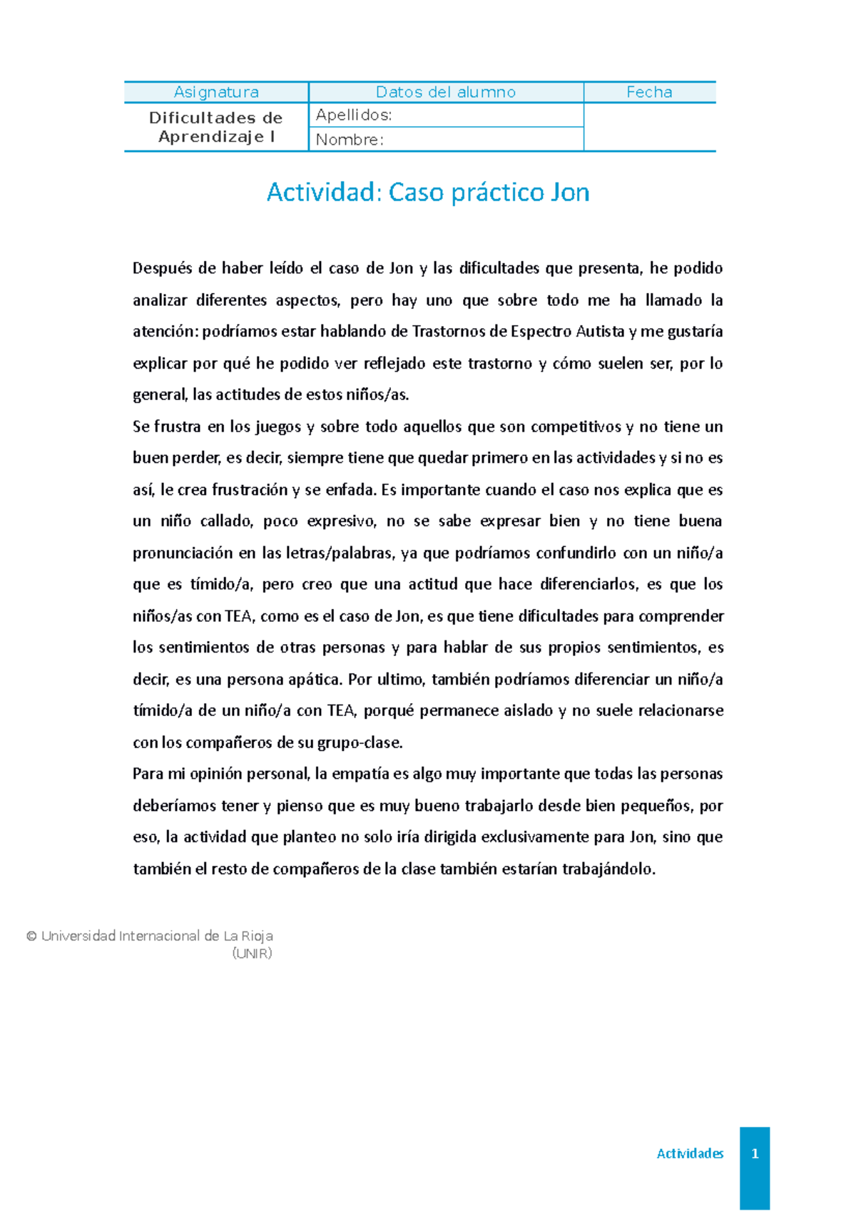 CASO Prácto JON TEA - CASO PRACTICO JON - Asignatura Datos del alumno ...