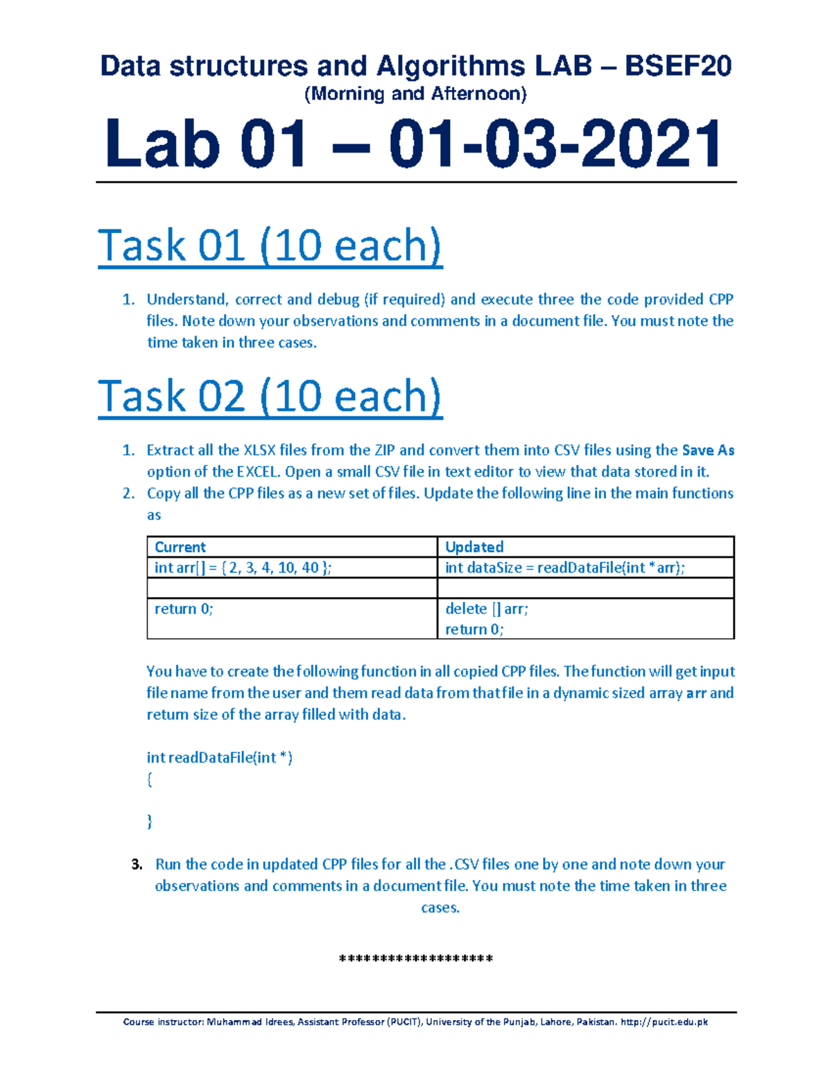 Lab 01 Spring 22 Dsa Bsef20 Data Structures And Algorithms Lab Bsef 6310