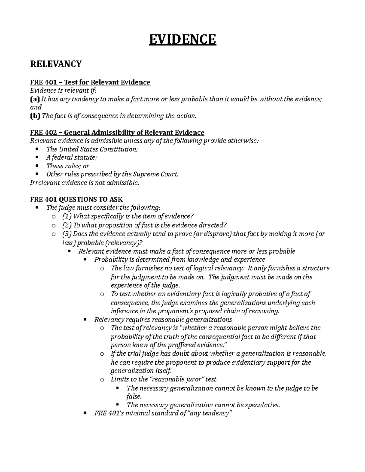 Evidence - Lewis - Outline for final - EVIDENCE RELEVANCY FRE 401 ...