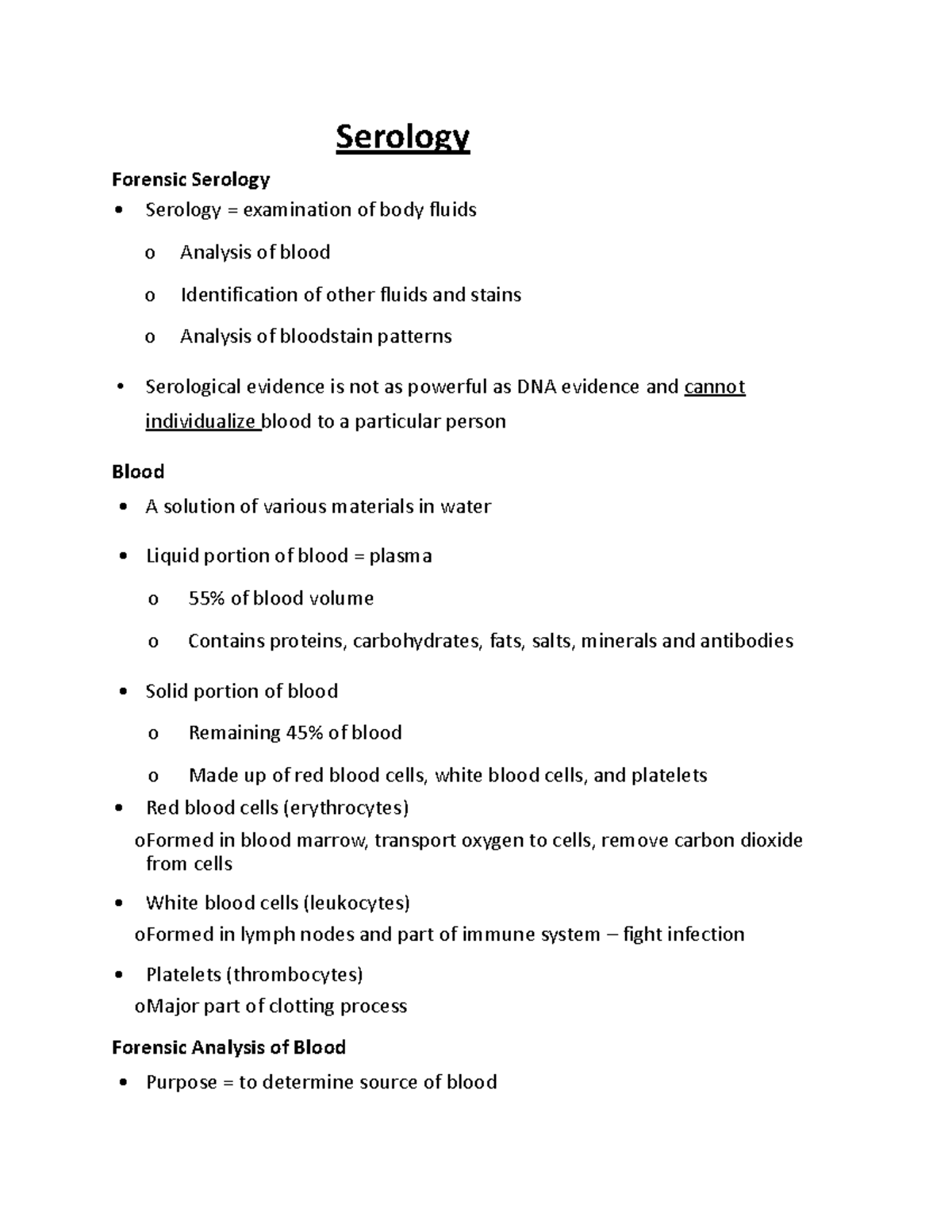 FRSC 200 Quiz #2 - Survey of Forensic Quiz #2 Review Notes. - Serology ...