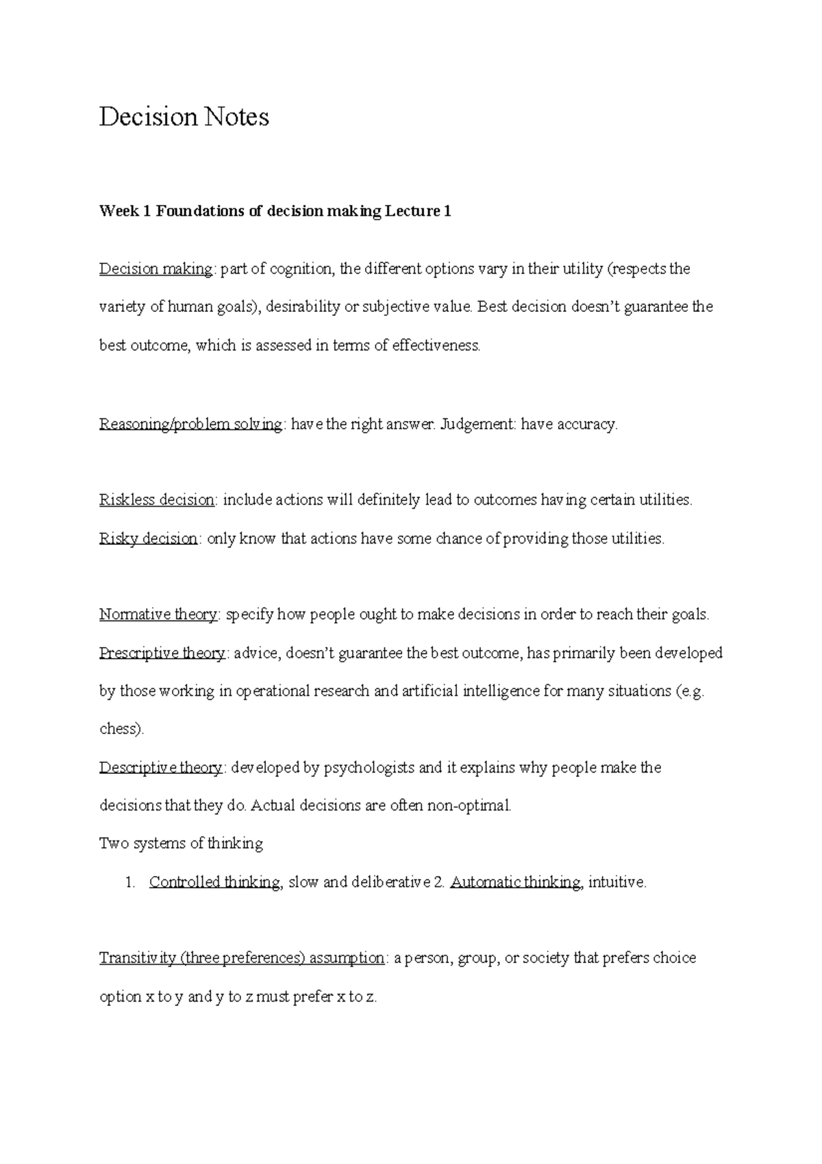 Decision Notes year1 psychology notes from lec - Decision Notes Week 1 ...