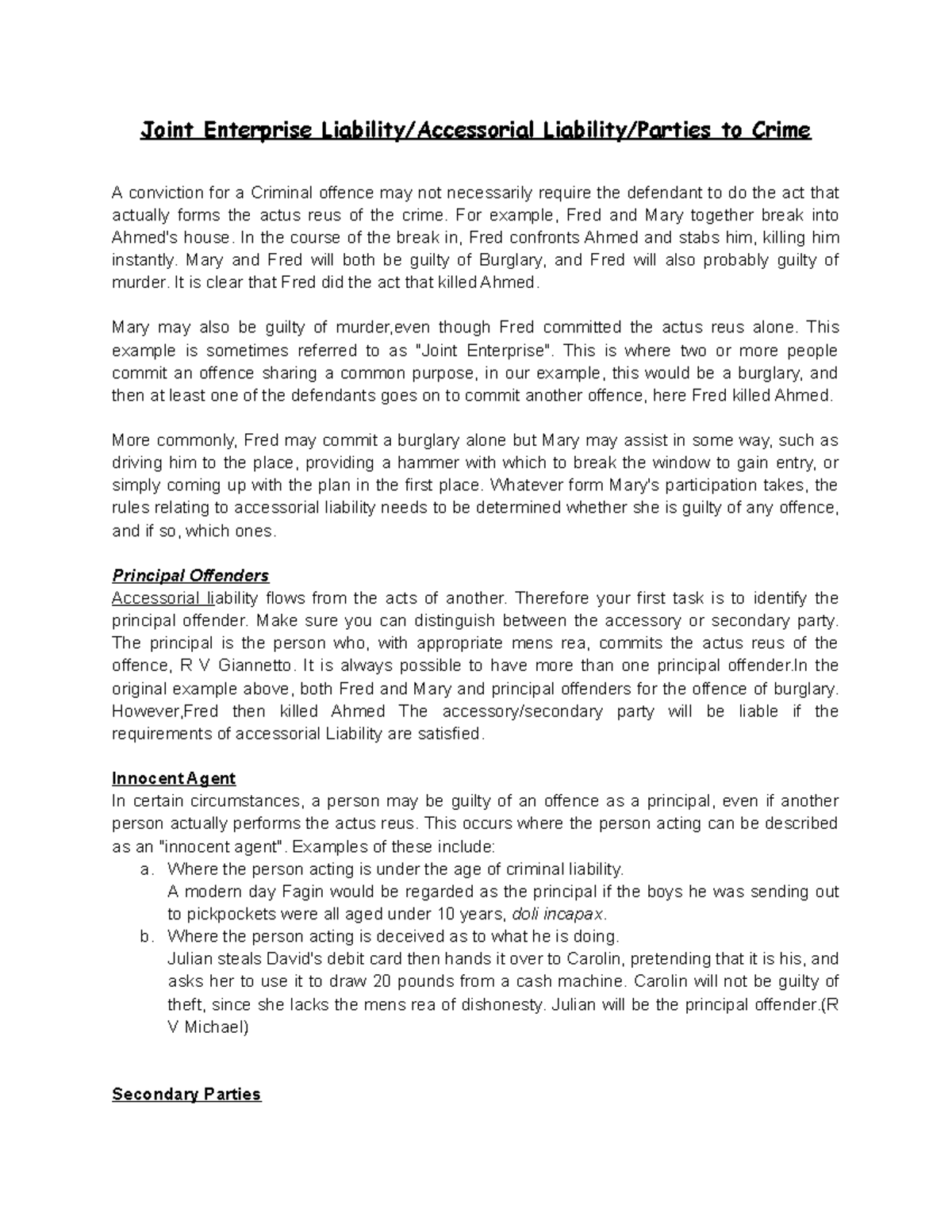 Joint Enterprise Liability Accessorial Liability Parties to Crime ...