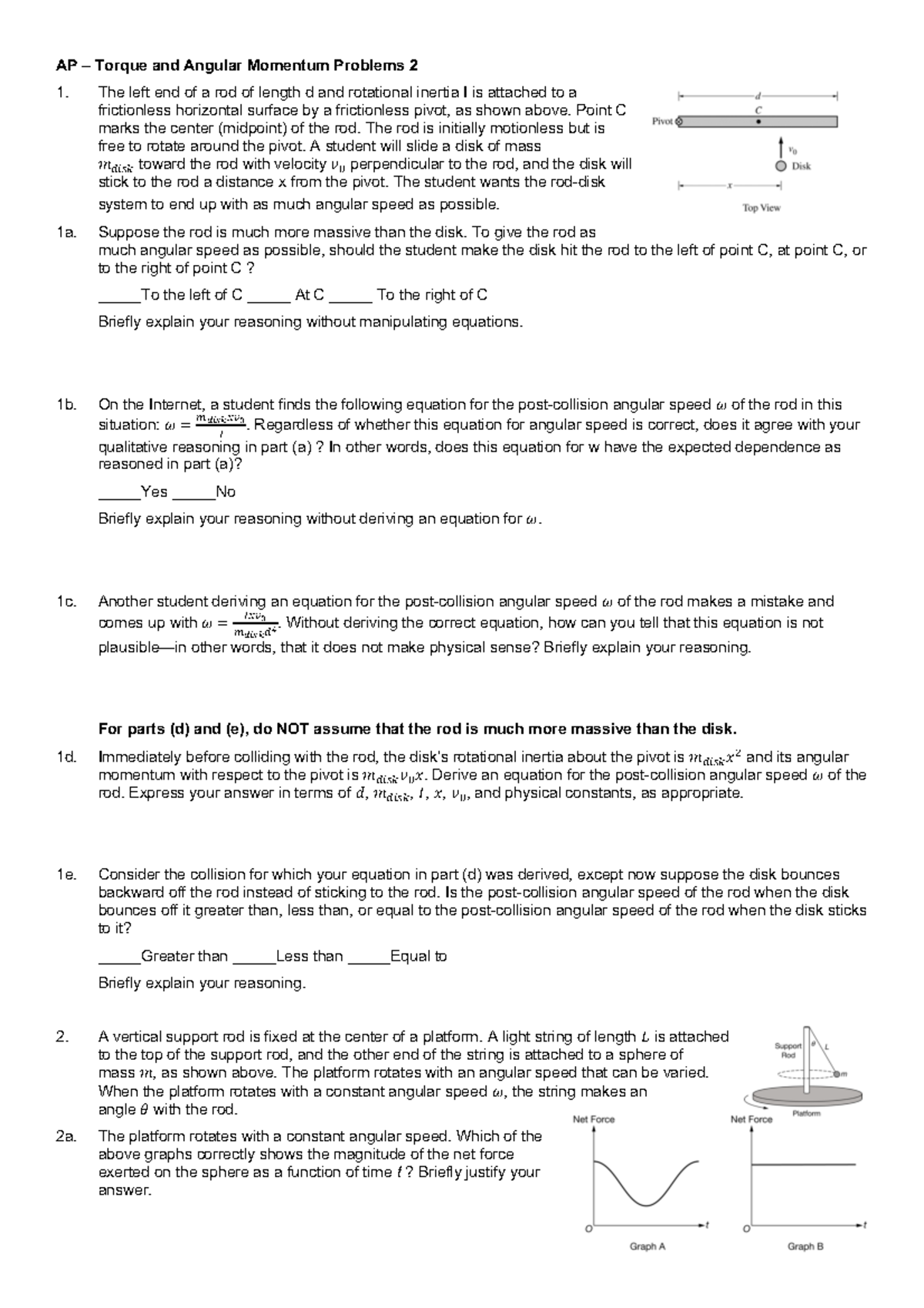 AP - Torque and Angular Momentum Problems 2 - Point C marks the center (midpoint) of the rod ...