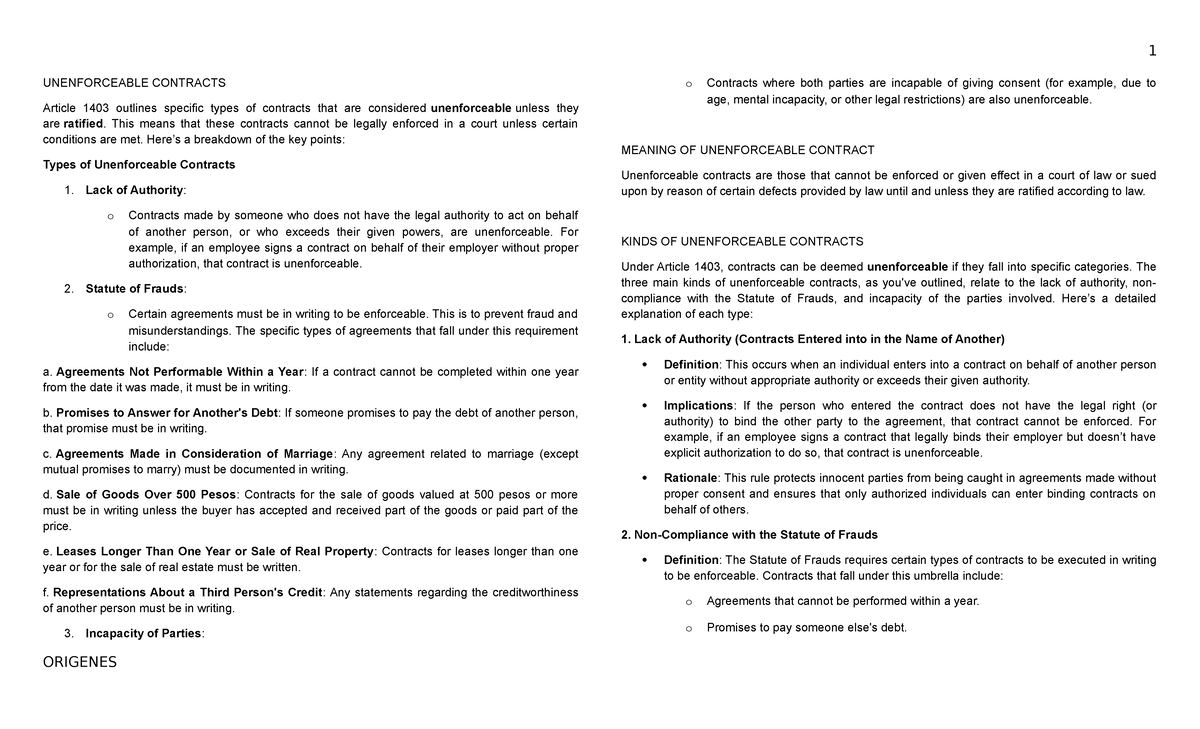 Unenforceable Contracts Notes - UNENFORCEABLE CONTRACTS Article 1403 ...