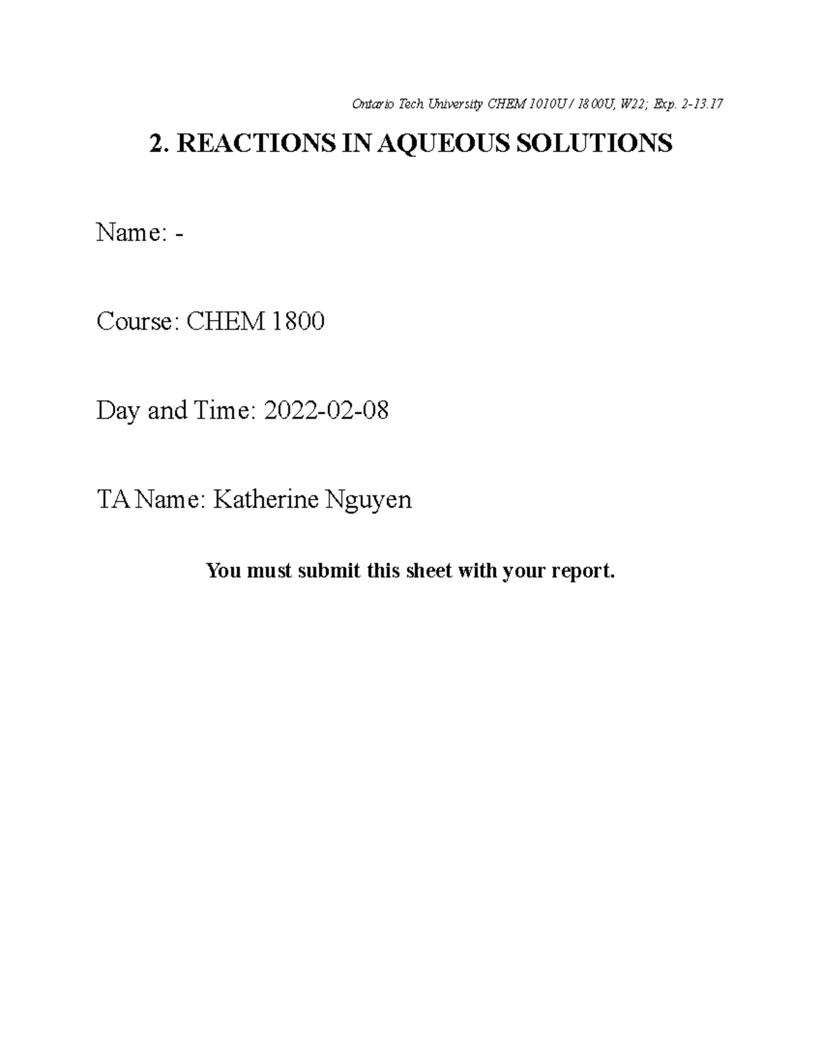Chem lab 2 Reactions in Aqueous Solutions - 2. REACTIONS IN AQUEOUS ...