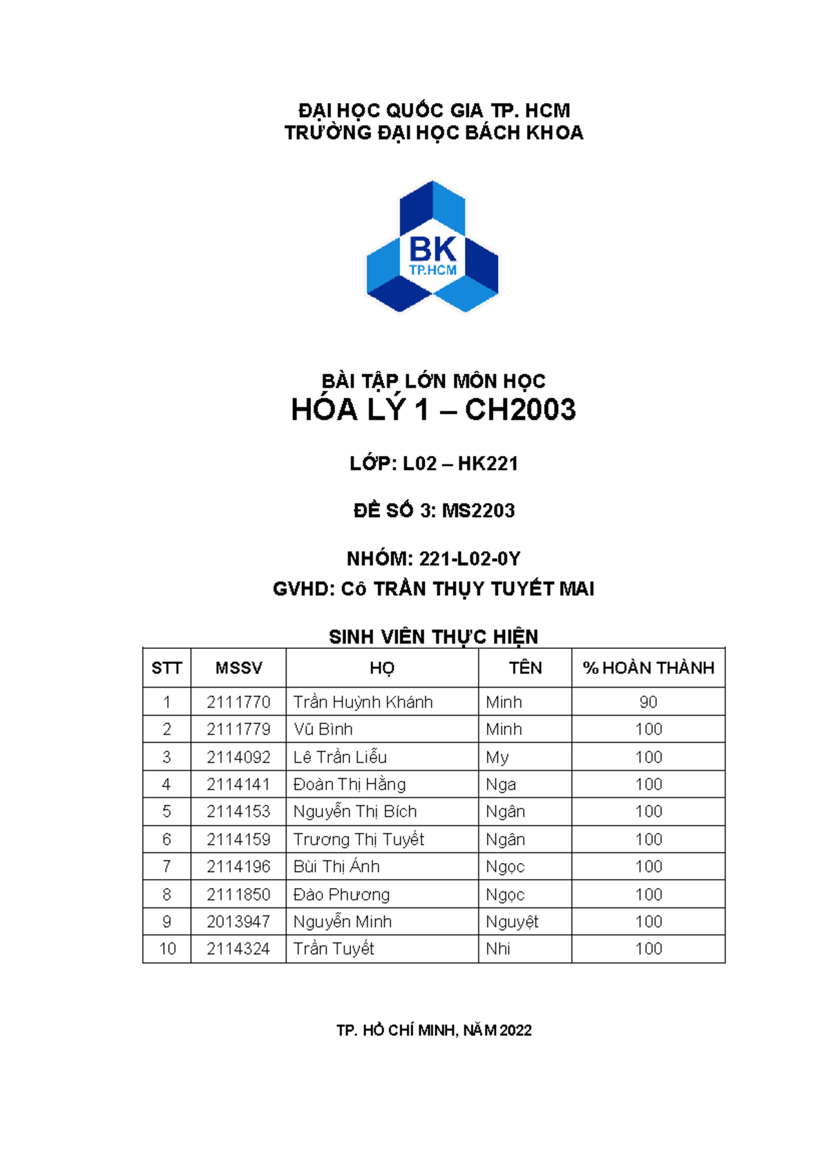 221-L02-0Y - ĐẠI HỌC QUỐC GIA TP. HCM TRƯỜNG ĐẠI HỌC BÁCH KHOA BÀI TẬP ...