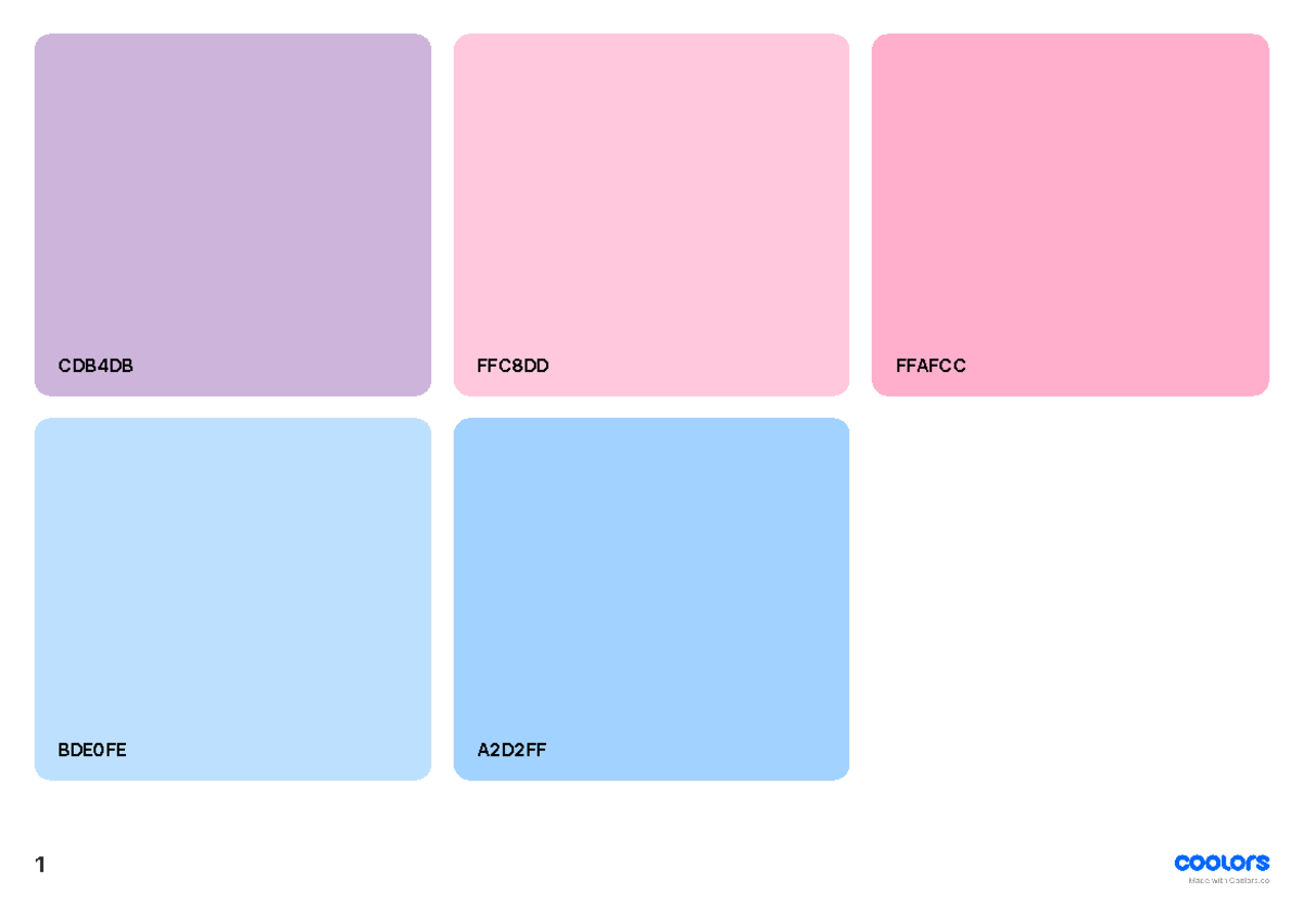 1 - colours - CDB4DB FFC8DD FFAFCC BDE0FE A2D2FF 1 - Studocu