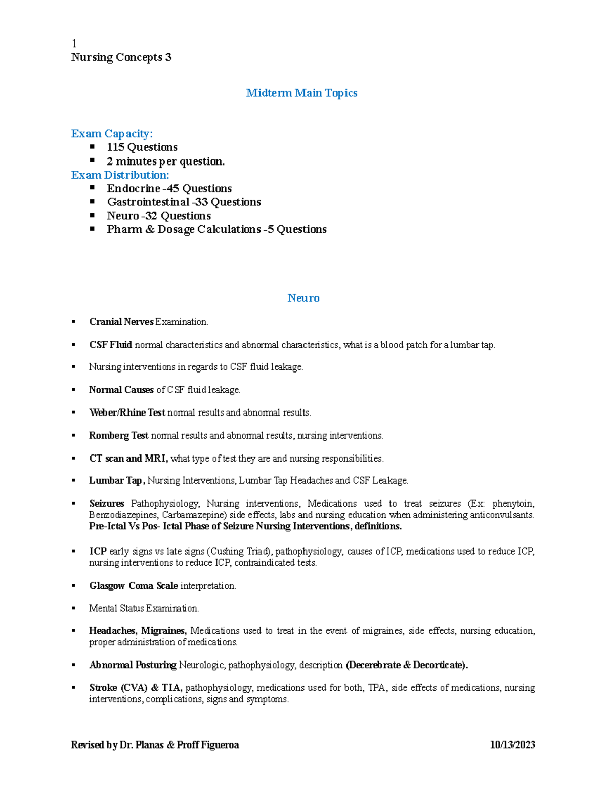 NC3 Midterm Main Topics - 1 Nursing Concepts 3 Midterm Main Topics Exam Capacity: 115 Questions ...