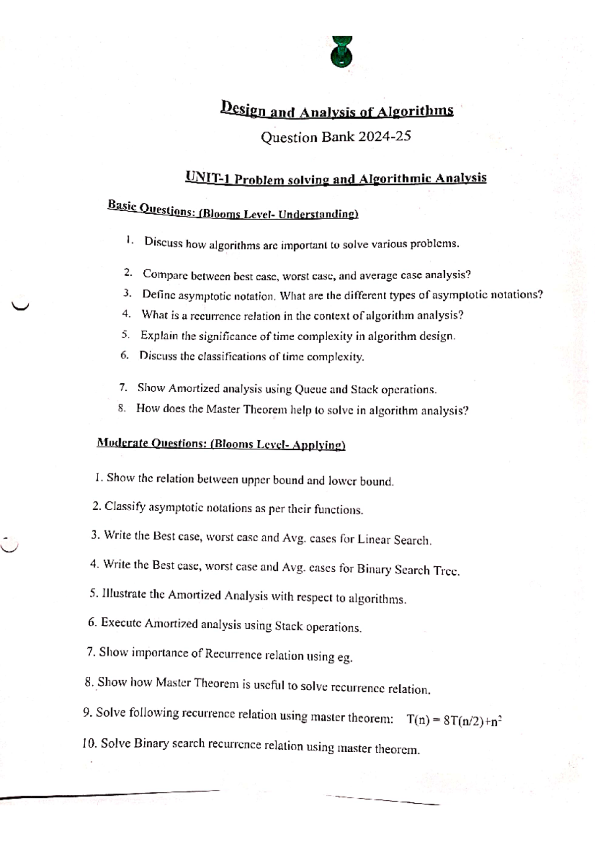 DAA Question Bank Comp - Design and Analysis of Algorithms Question Bank Problem solving and ...